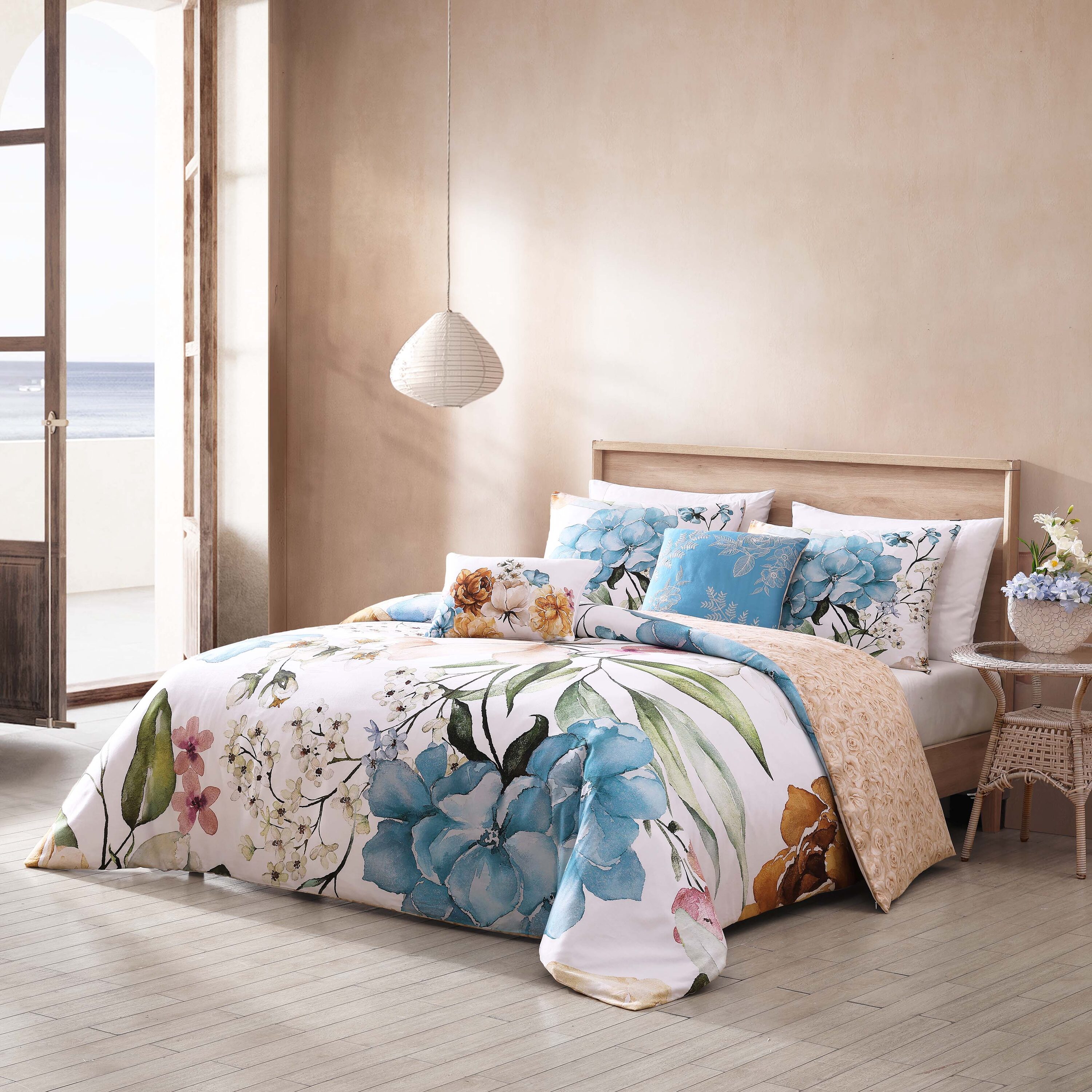 BEBEJAN Maia 5 Piece Comforter Set Blue Floral Reversible Queen ...