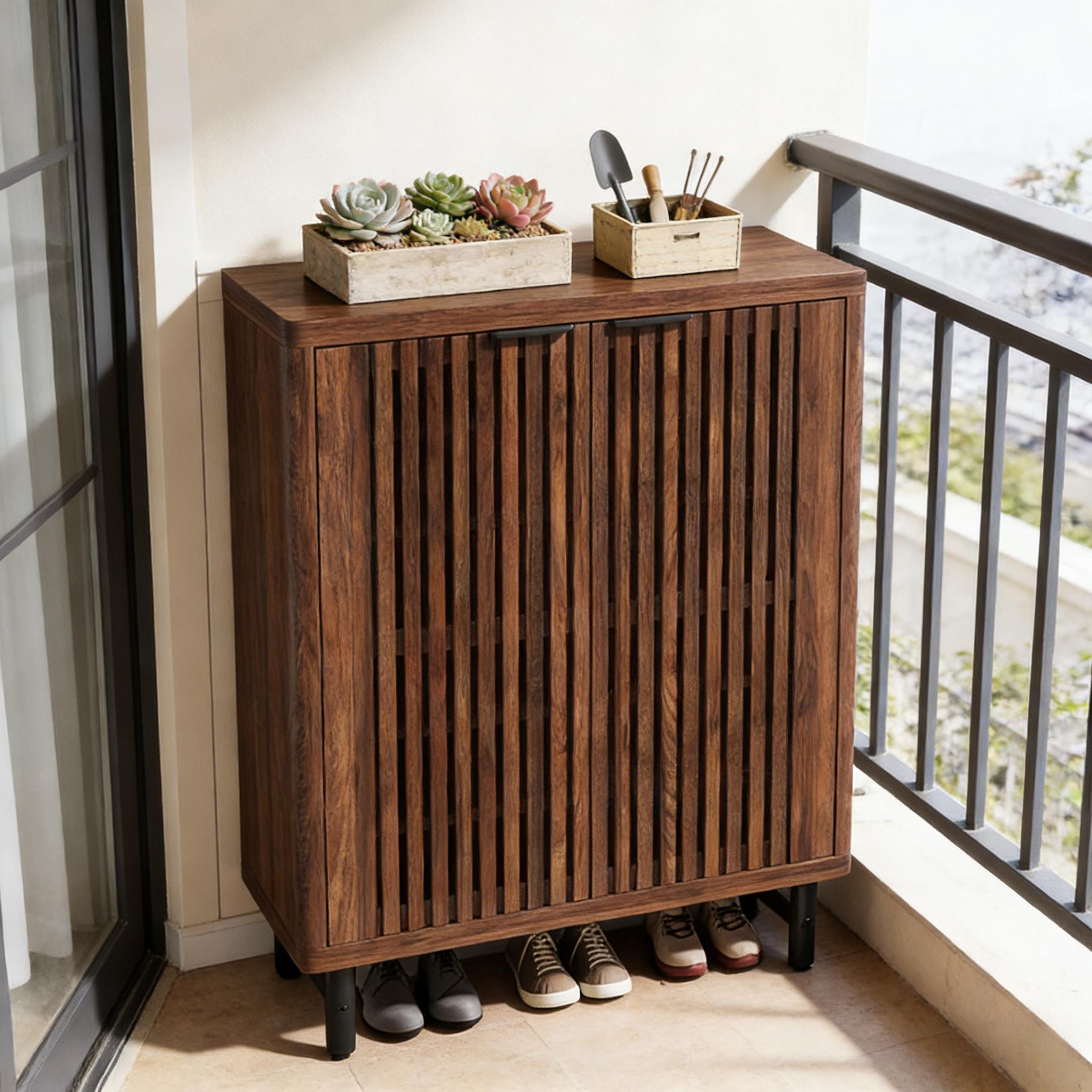 Afoxsos Wooden Shoe Cabinet Dark Walnut Finish Louver Doors Adjustable ...
