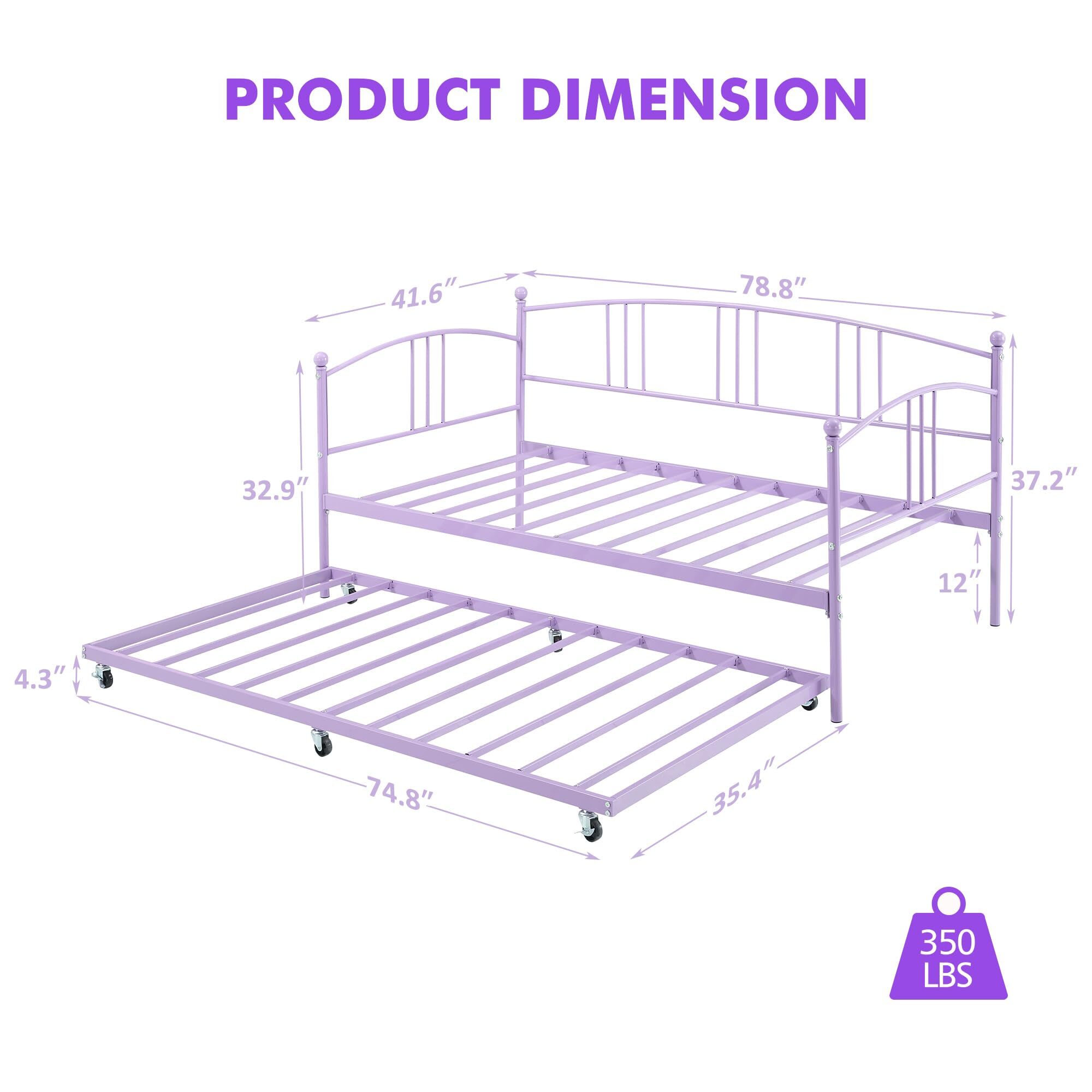 Qeetex Twin Purple Daybed with Trundle Metal Twin Size Daybed with ...