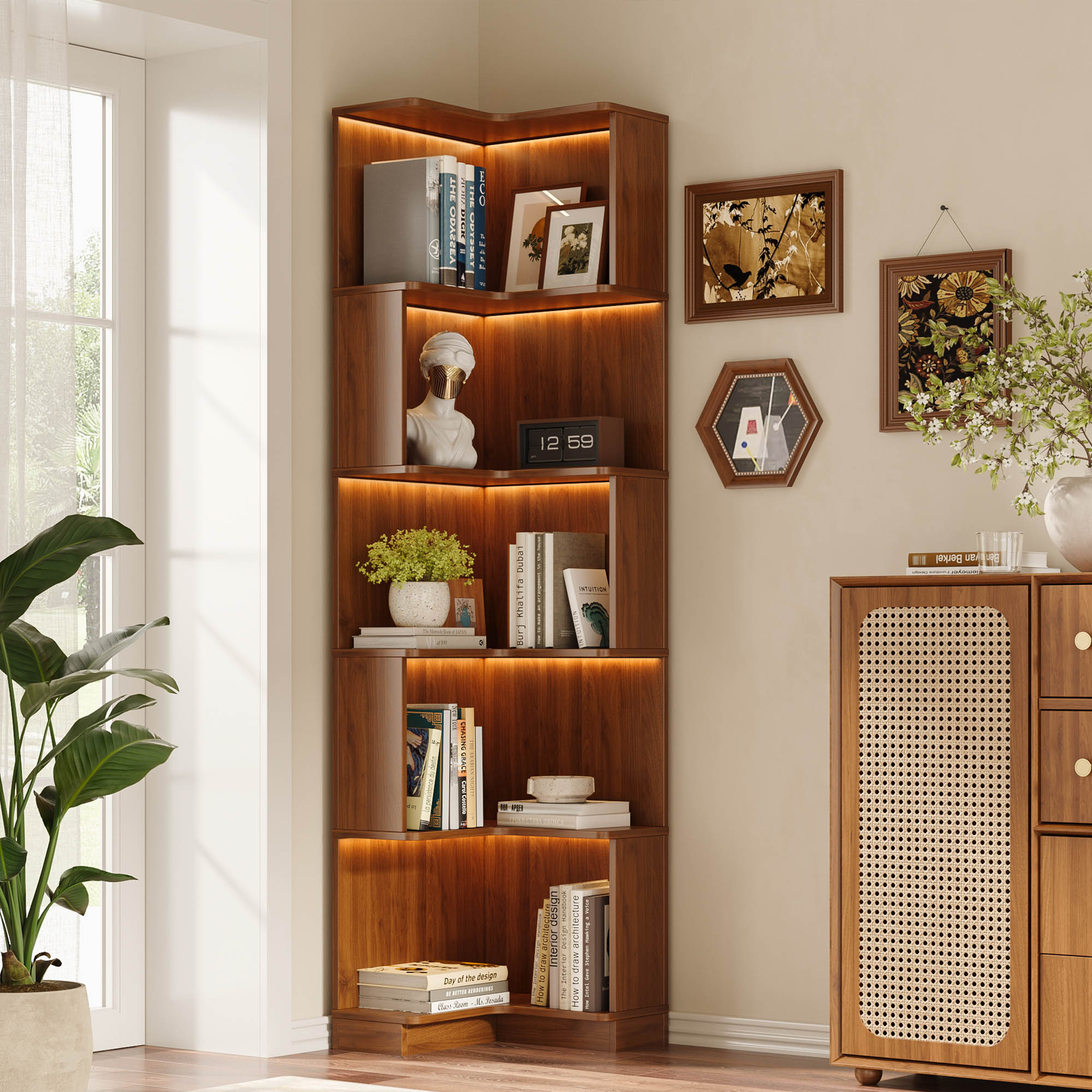 Angel Sar 5-Tier Corner Bookshelf with LED Lighting Mid-Century L ...