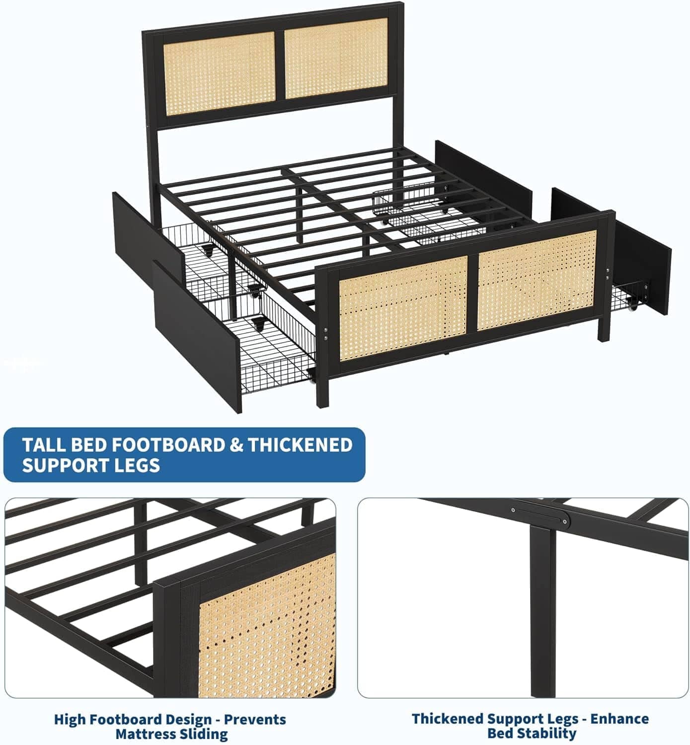 Qeetex Queen Size Rattan Accent Storage Bed with LED Lights - 4 Drawers ...