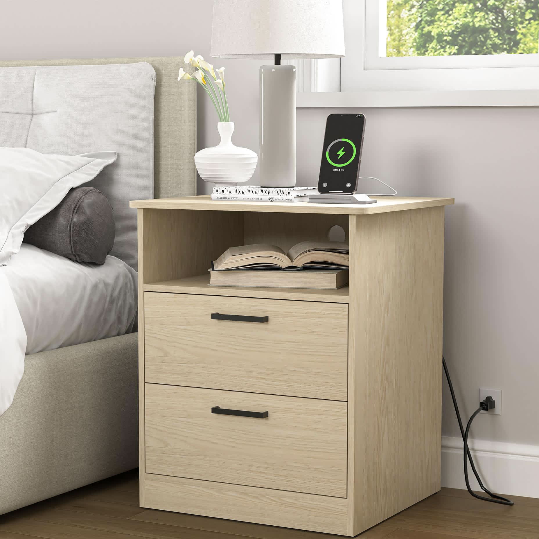 Choco Moon Wood Nightstand With Charging Station Bedside Table With 2 ...