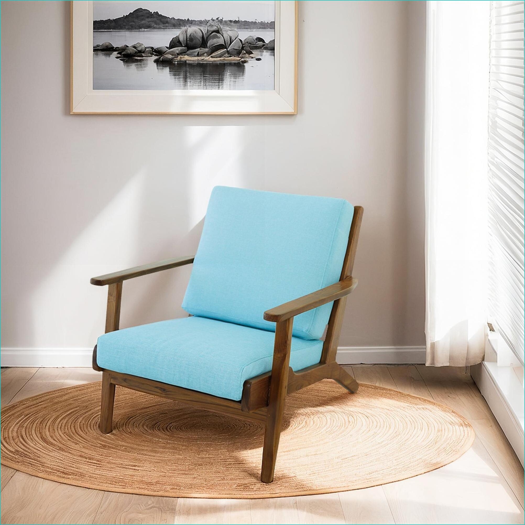 Watnature Sky Blue Linen Solid Wood Accent Lounge Chair for Adults ...