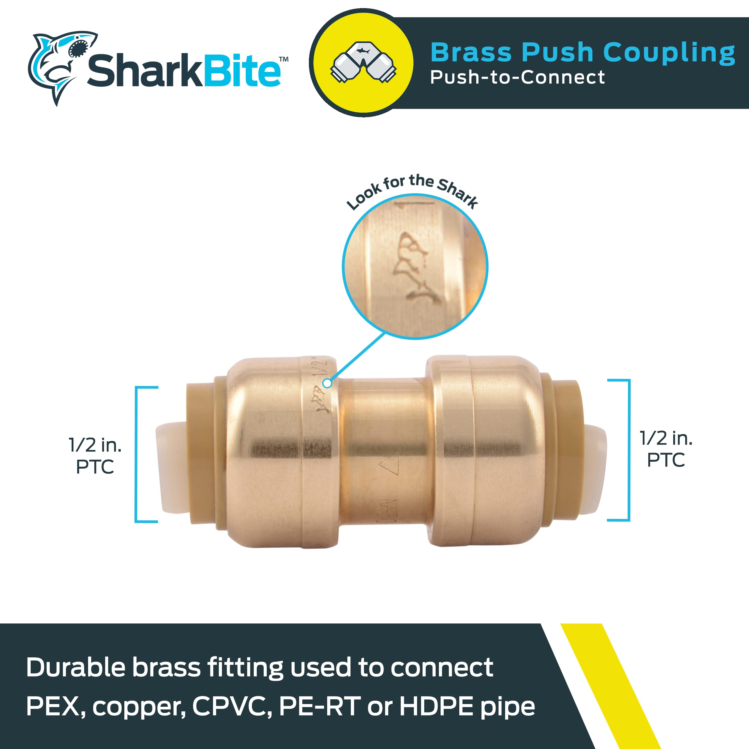 SharkBite 1/2 Inch Coupling Push to Connect Brass Plumbing Fitting PEX ...
