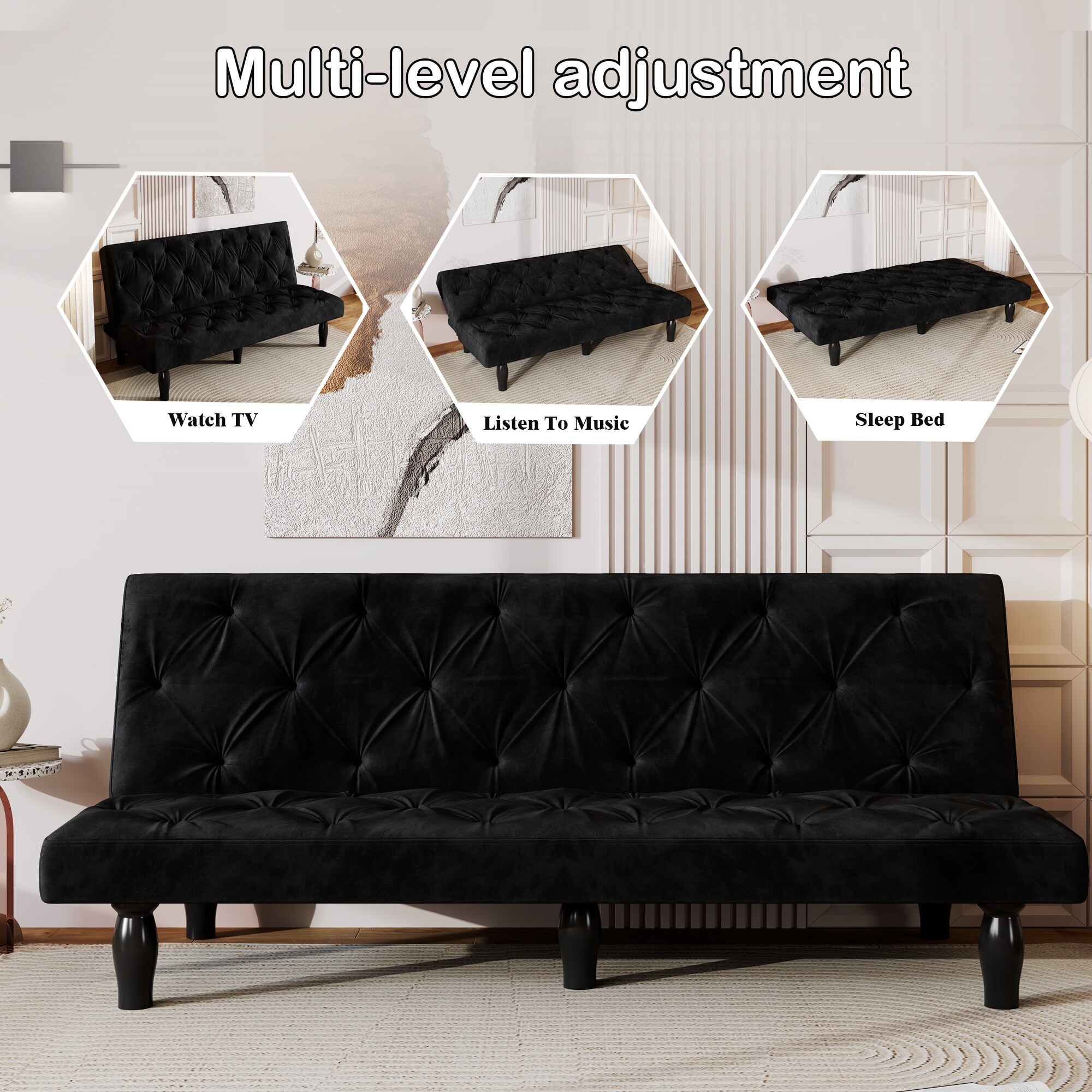 LOVMOR 66inch Tufted Compressed Sleeper Sofa Velvet Black Couch for ...