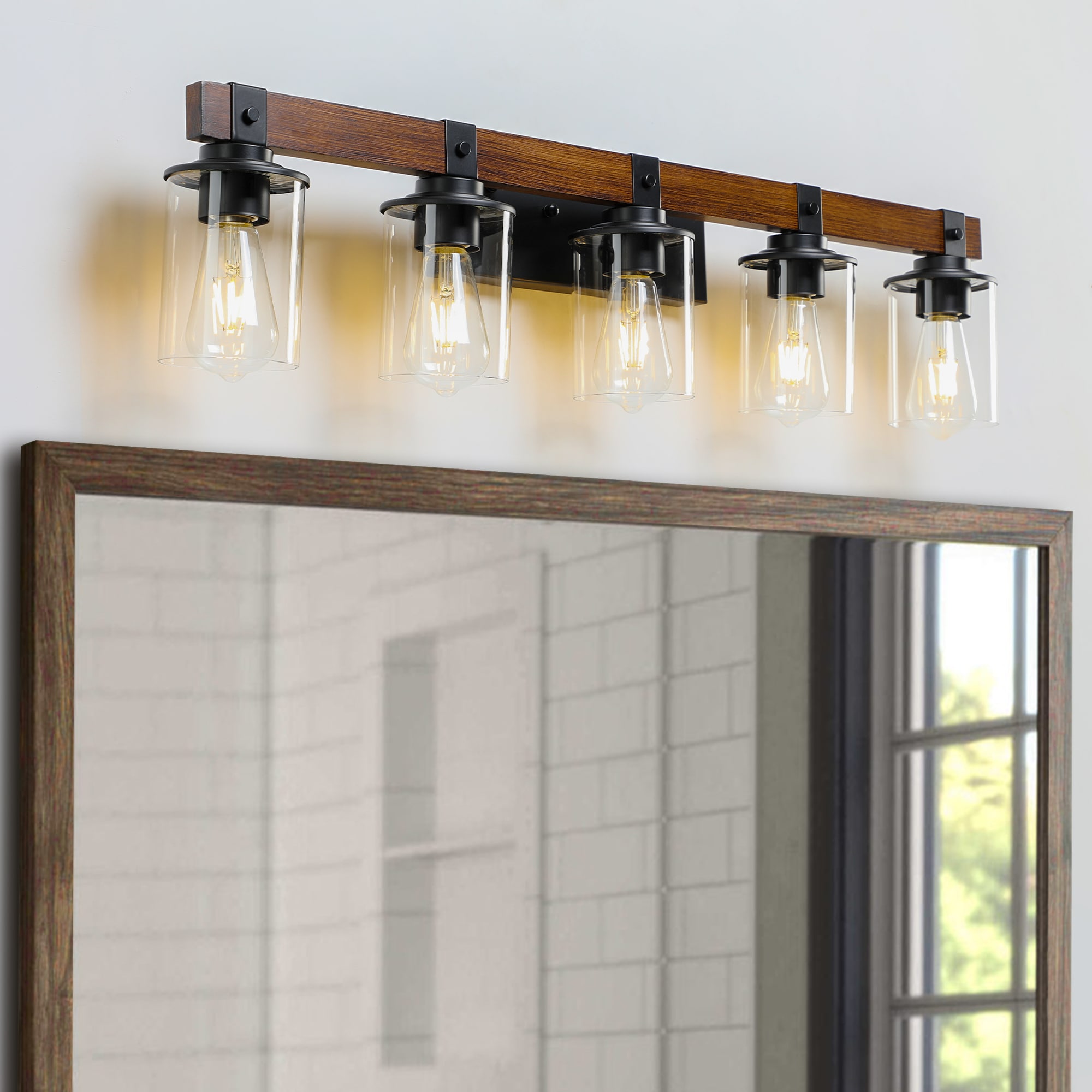 LOVMOR 35 inch Rustic 5 Light Vanity Light Glass Shades Wood Accent No ...