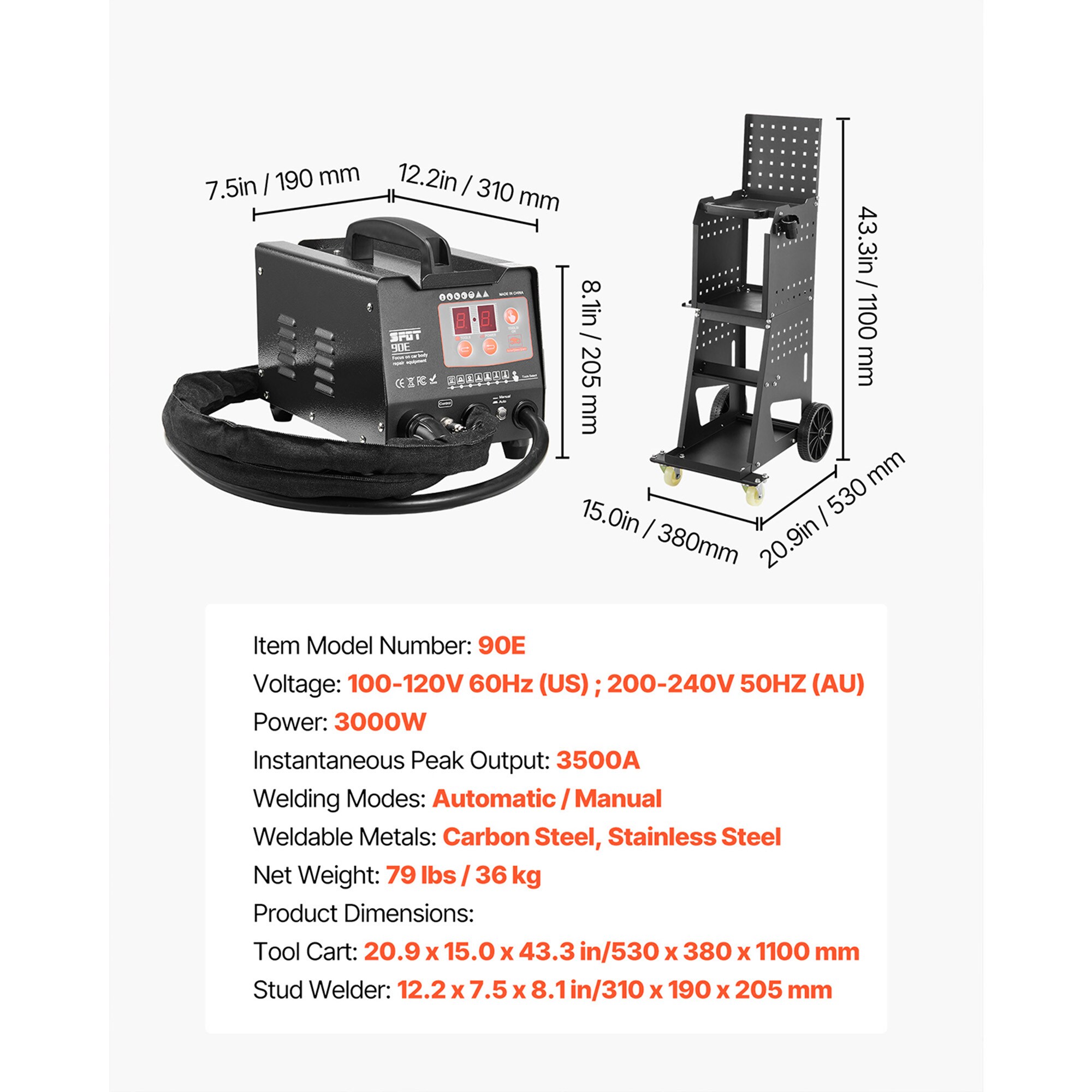 VEVOR Stud Welder Dent Repair Kit and Welding Cart 3KW Spot Welder with ...