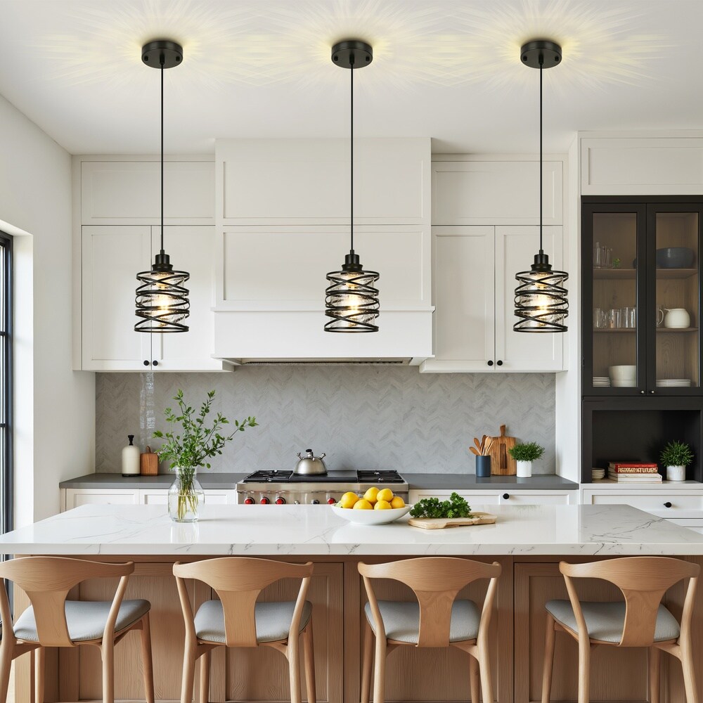 Henveton Jasslynn Modern Black Spiral Metal Cage Pendant Light with ...