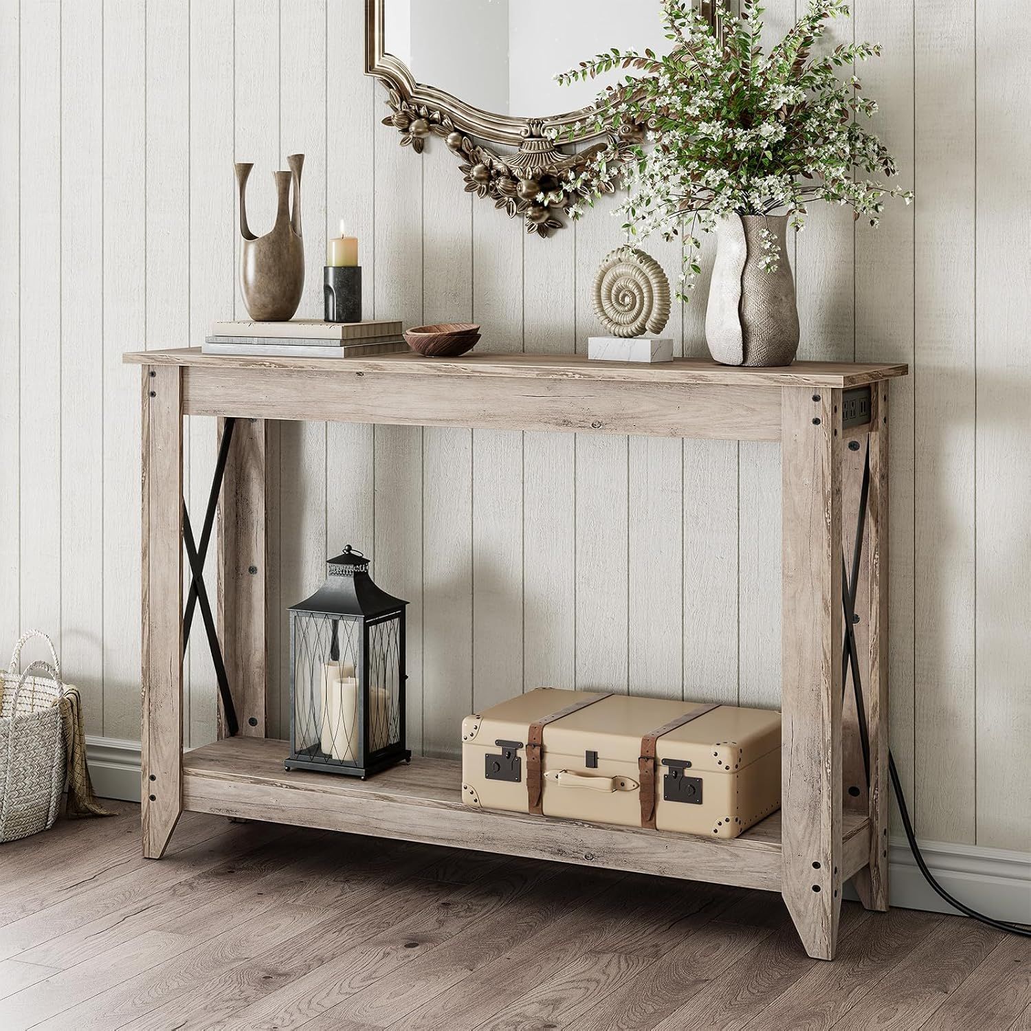 Slickblue Modern Greige and Black Particleboard 2-Tier Console Table ...