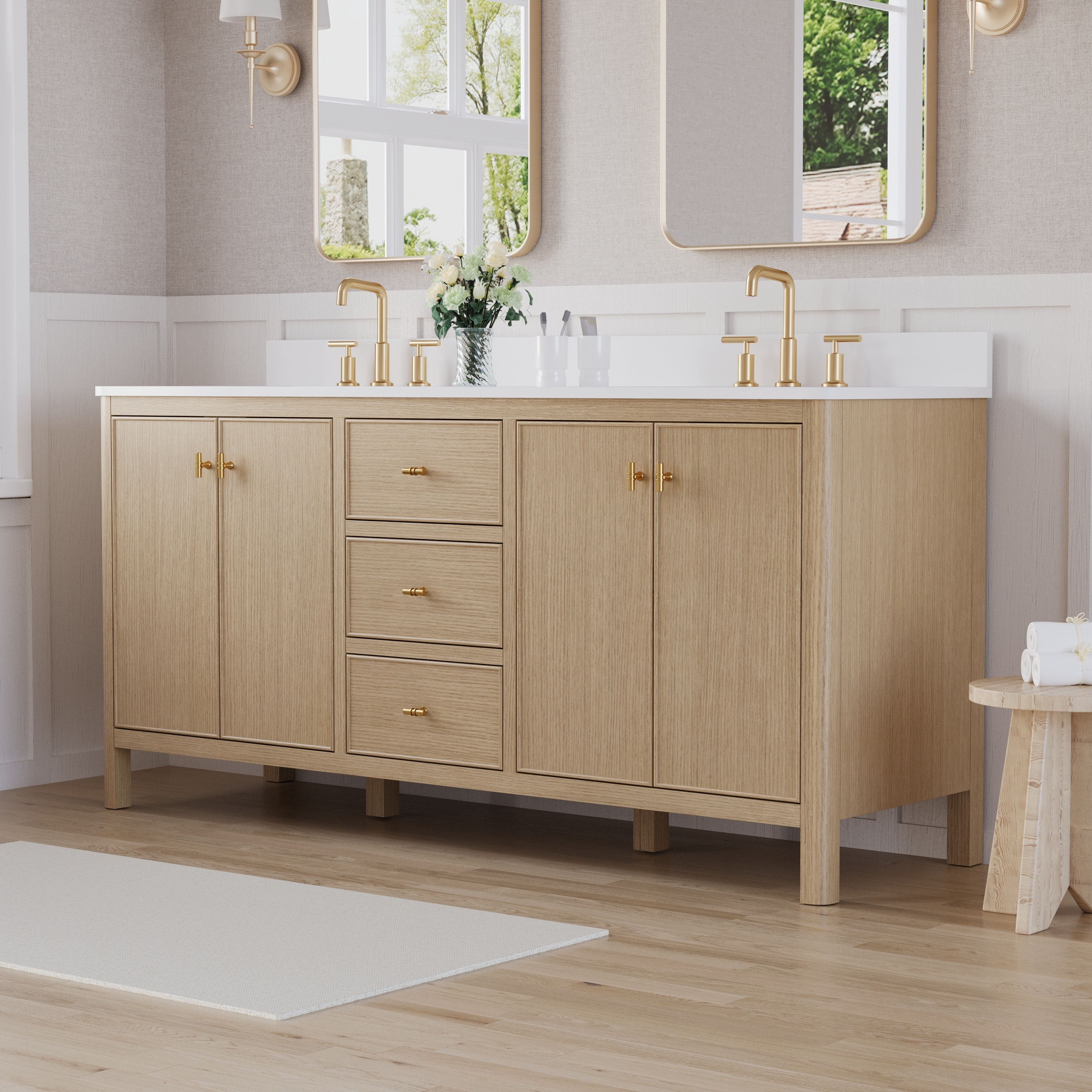 Forclover Solid Wood 72-in Red-Oak Undermount Double Sink Bathroom ...
