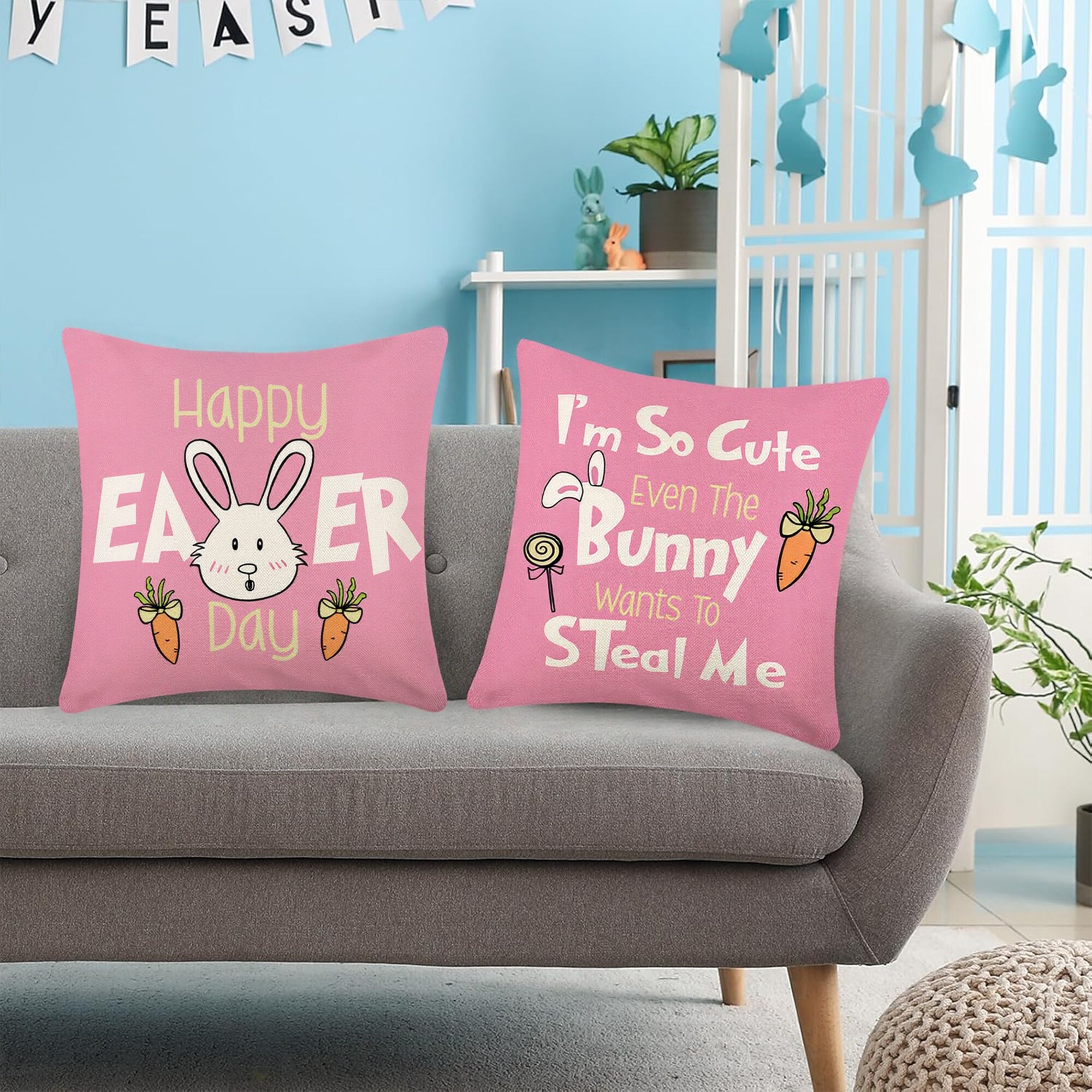 Unique Bargains Happy Easter Rabbit Throw Pillow Covers Set of 2 ...