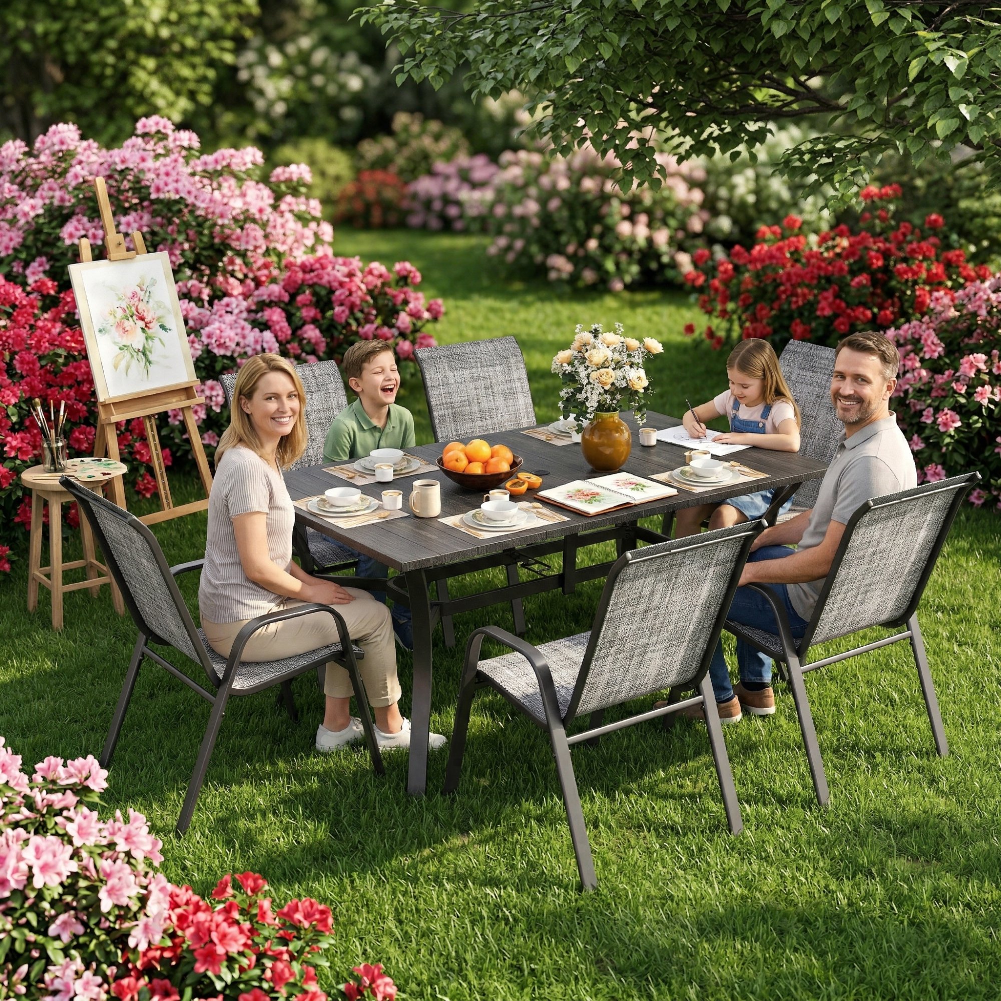 Adrinfly 7 Piece Outdoor Patio Dining Set 63 x 38 Wood Grain Metal ...