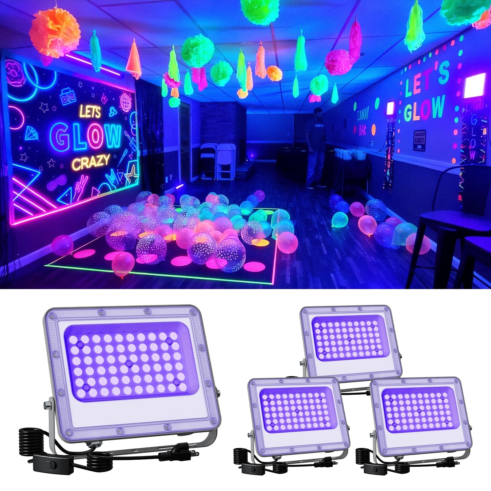 Vrbgify 4 pack 50W blacklight flood lights UV LED wired 120V waterproof ...