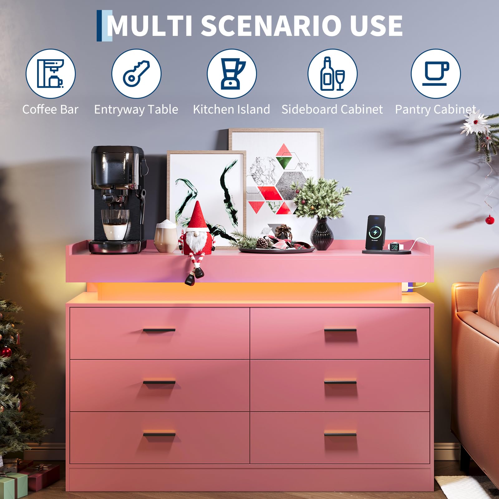 GarveeLife Modern TV Stand Dresser with LED Lights and Charging Station ...