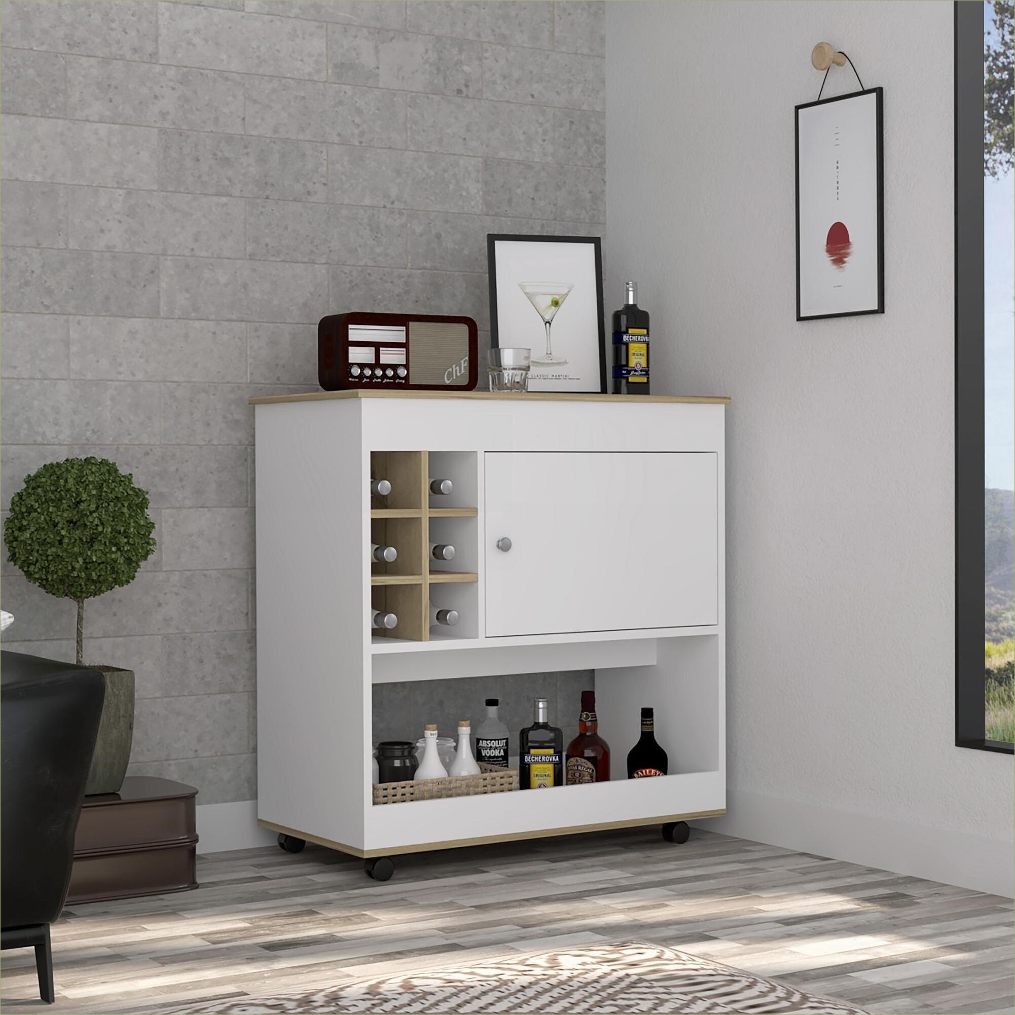 Watnature Storage Bar Cart for Kitchen and Dining Rooms Light Oak White ...