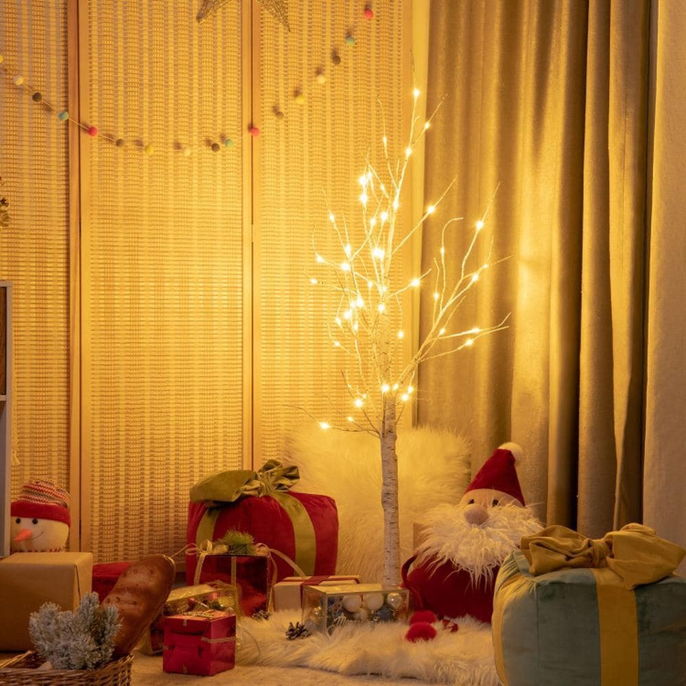 BABOOM 4 FT Pre-lit White Twig Birch Tree for Christmas Holiday with 48 ...