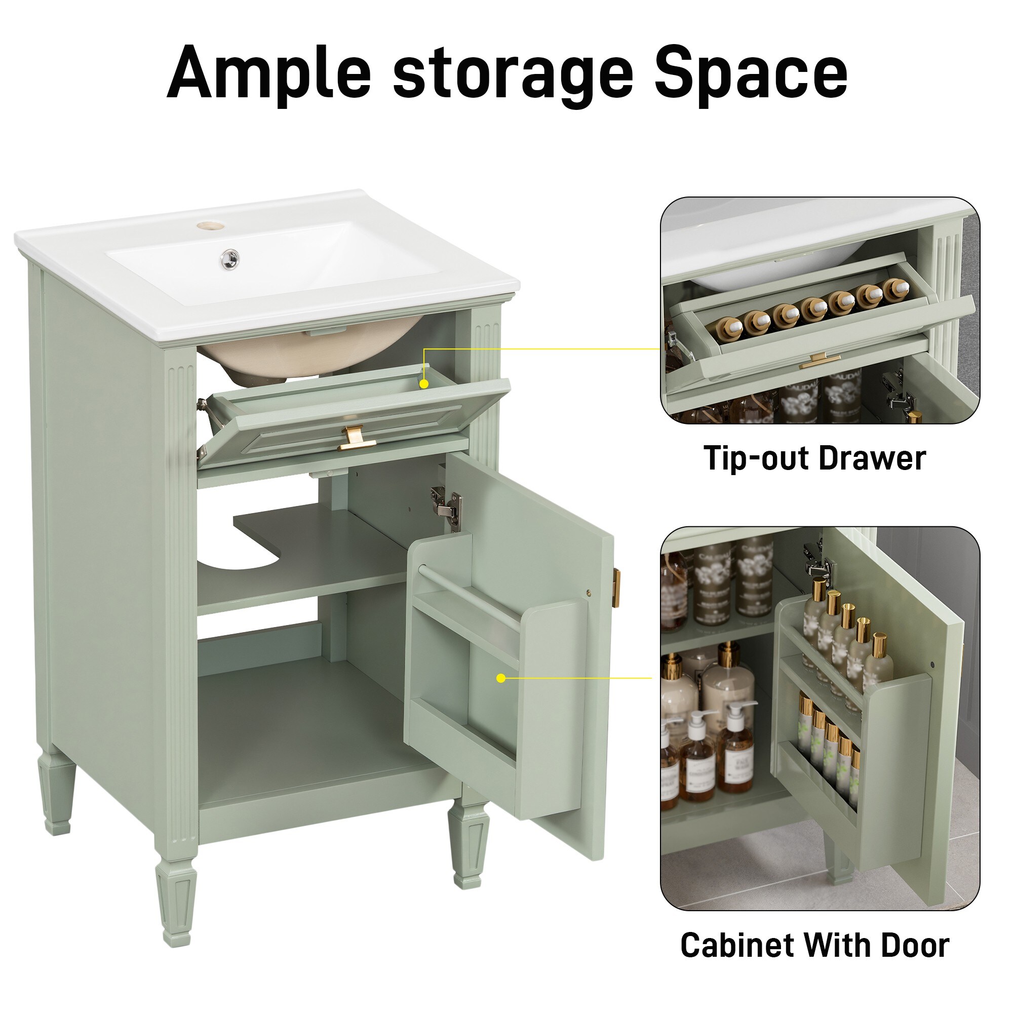 Dimakai 20 Inch Green Bathroom Vanity with Sink Solid Wood Legs ...
