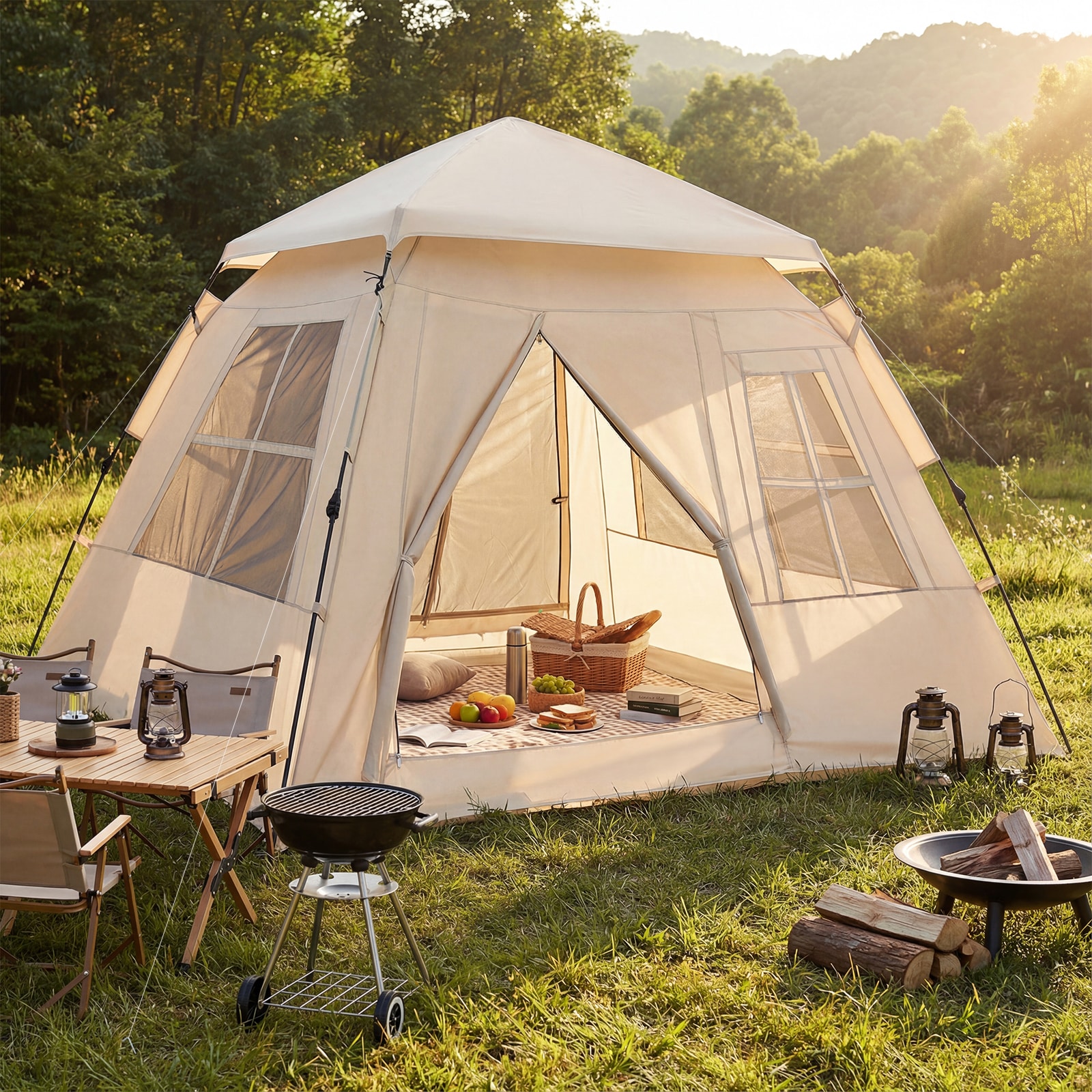 Slickblue Beige Pop Up Camping Tent with Mesh Windows Ceiling Vents ...