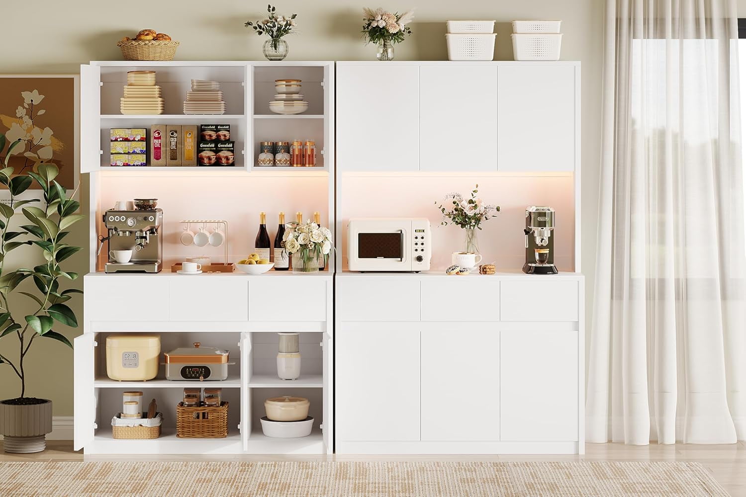 Der Rose 70Inch White Pantry Cabinet with Charging Station and Open ...