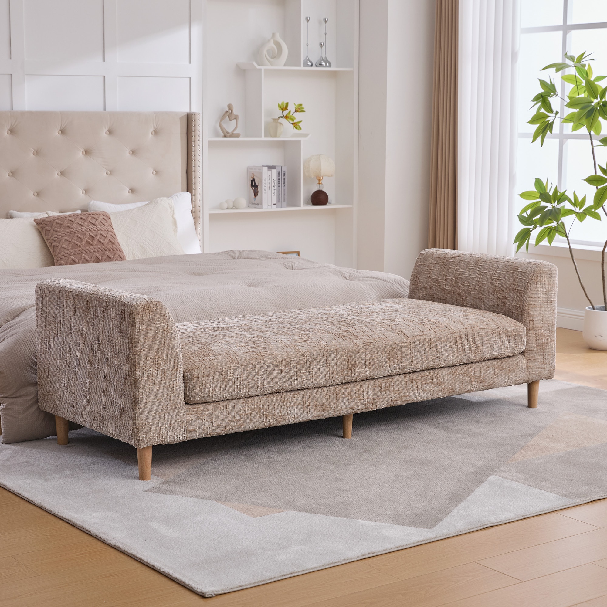 LOVMOR 83.1in Wide Modern Upholstered End of Bed Bench with Armrests ...
