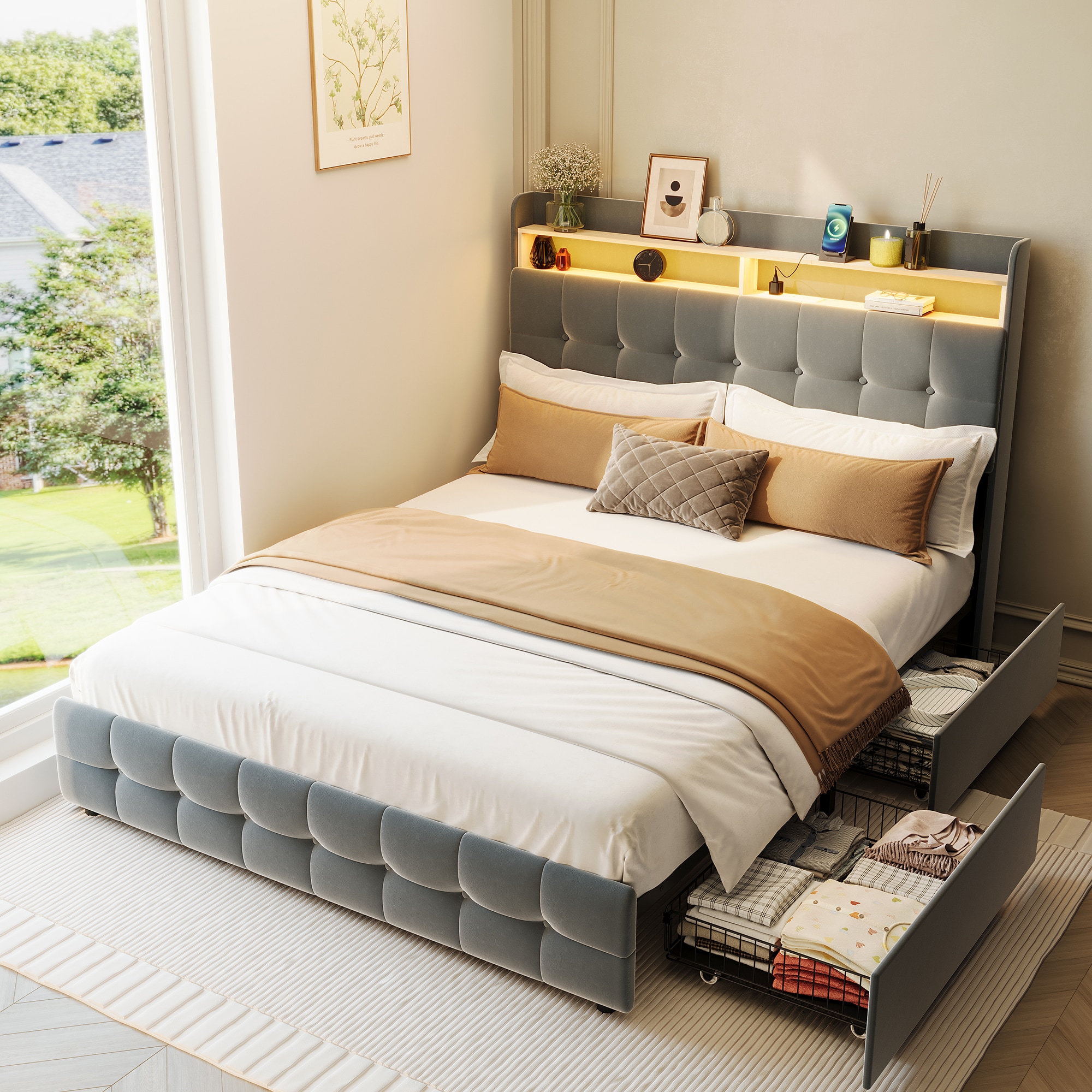 Garvee Queen Size Bed Frame with 2 Storage Drawers Upholstered Bed ...
