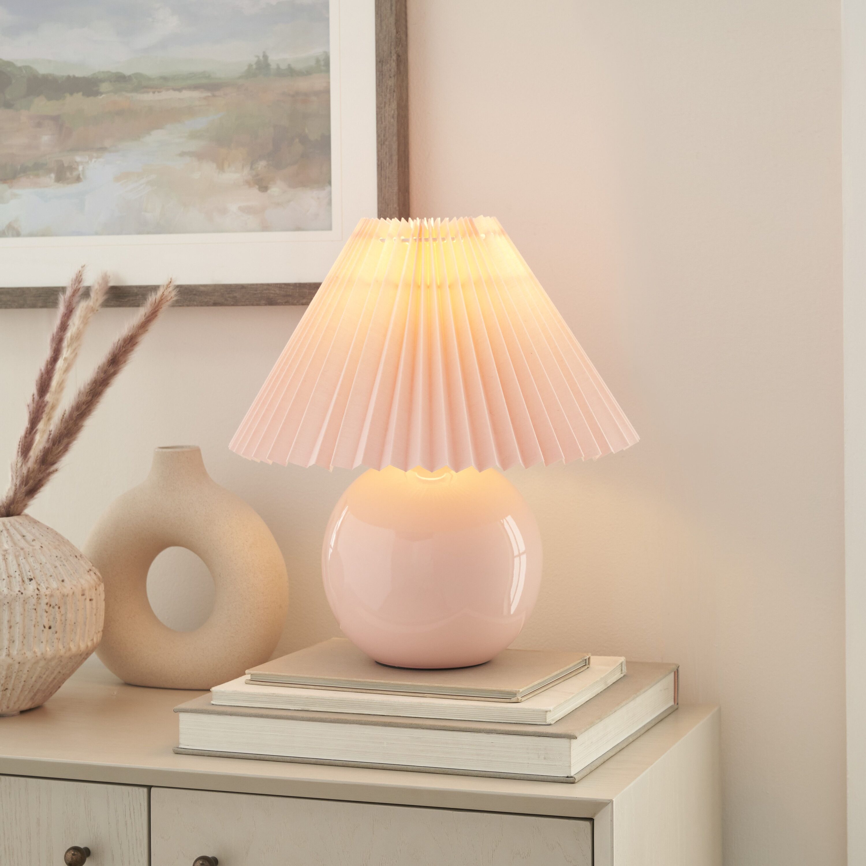 Nourison 13-in Pink Ceramic Round Accent Lamp with Pleated Shade in the ...