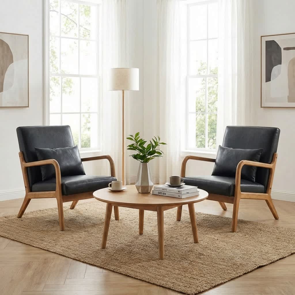 SEYNAR Mid-Century PU Leather Accent Chair Set of 2 with Lumbar Pillow ...