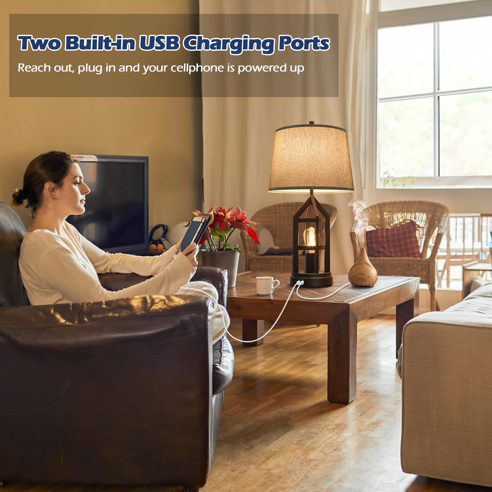 Nordic Hygge Set of 2 Farmhouse Table Lamps with Dual USB Ports 3 Way ...