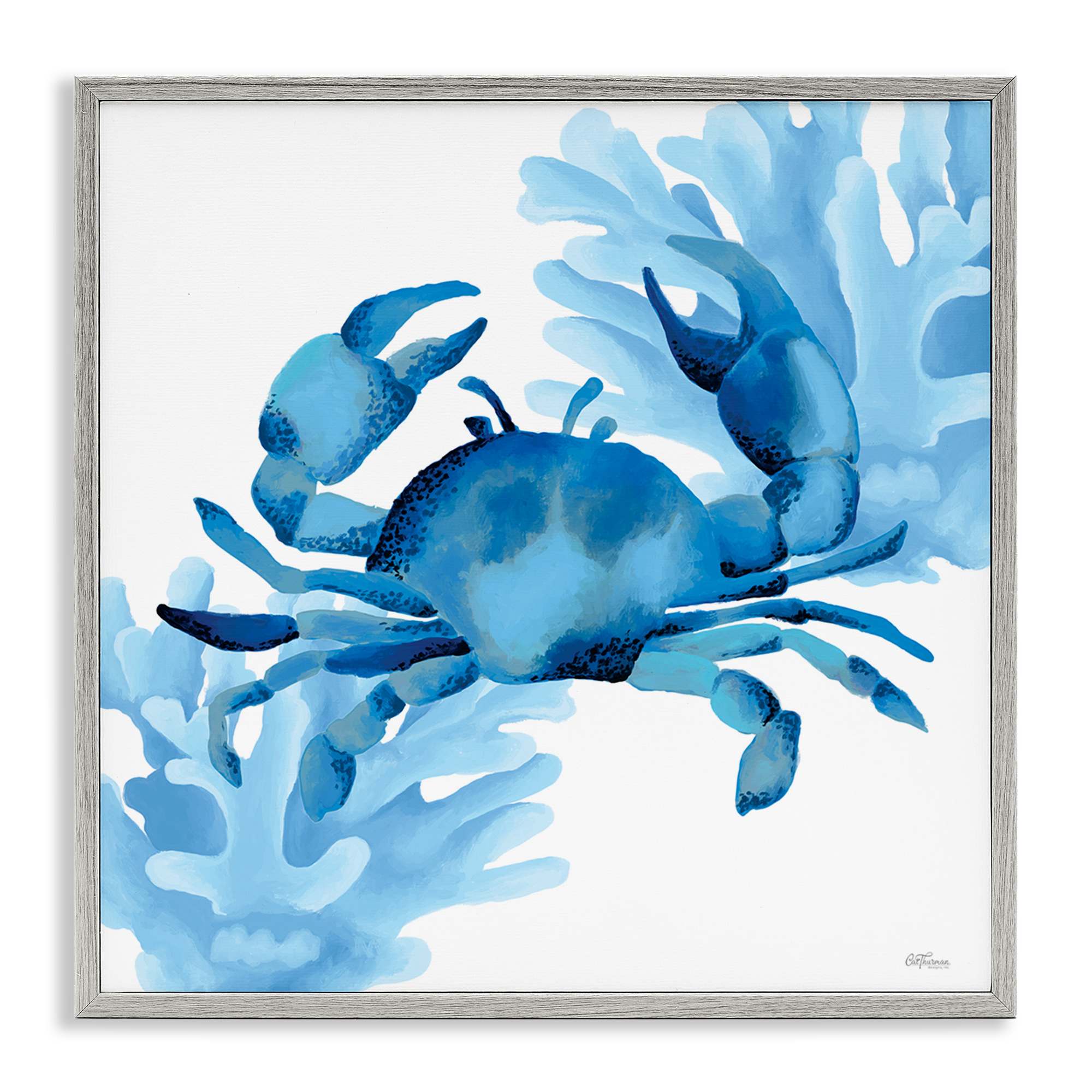 Stupell Industries Blue Tone Crab and Coral Gray Framed Giclee Art By ...