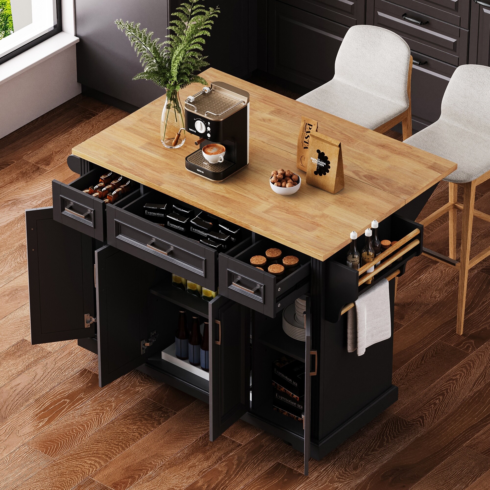 HyperDrop Cart Black 54in Rolling Kitchen Island Cart with Rubber Wood ...