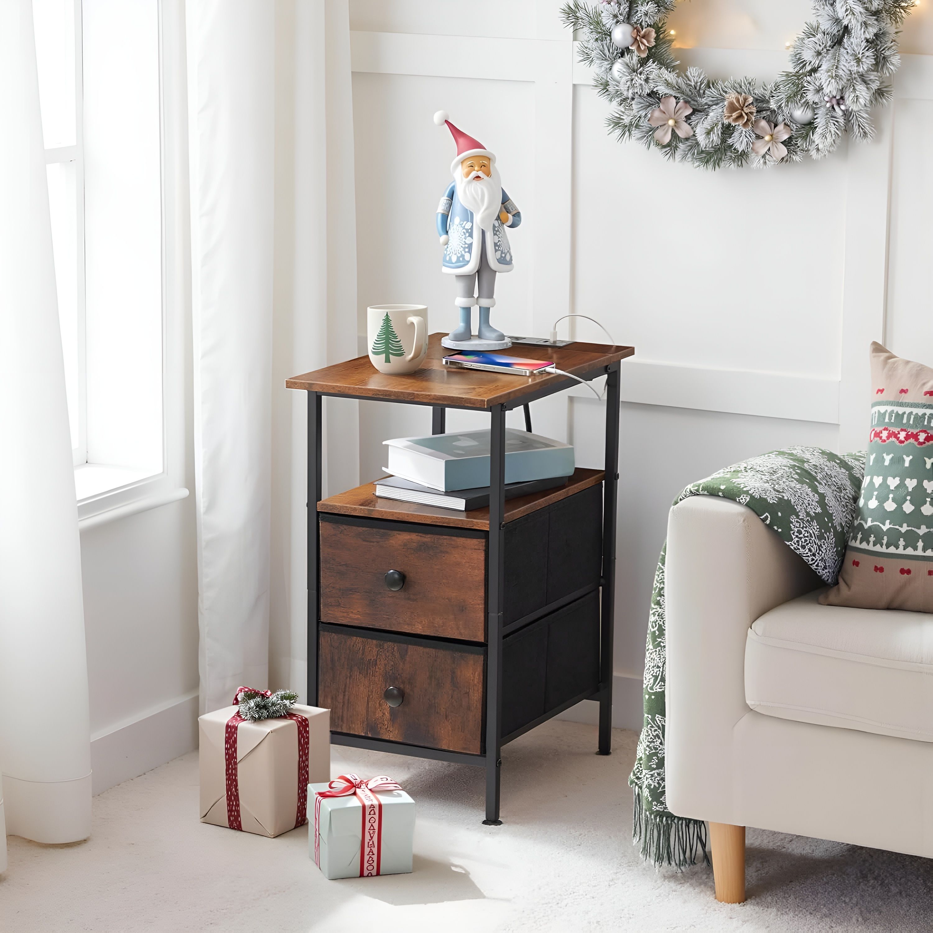 Slickblue Industrial Charging Side Table (11.8W x 23.6H Inch) Brown ...