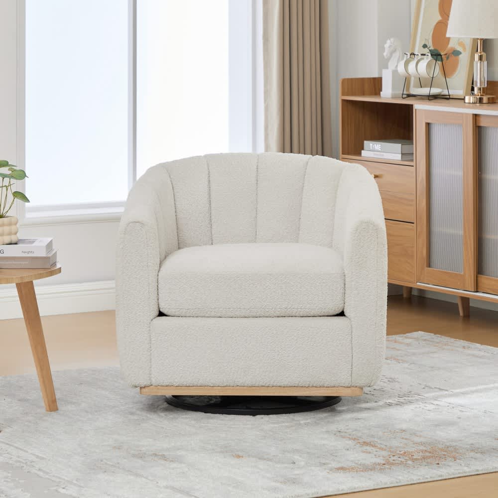 Coolbibila Modern Ivory Chenille Swivel Barrel Chair with Tufted ...