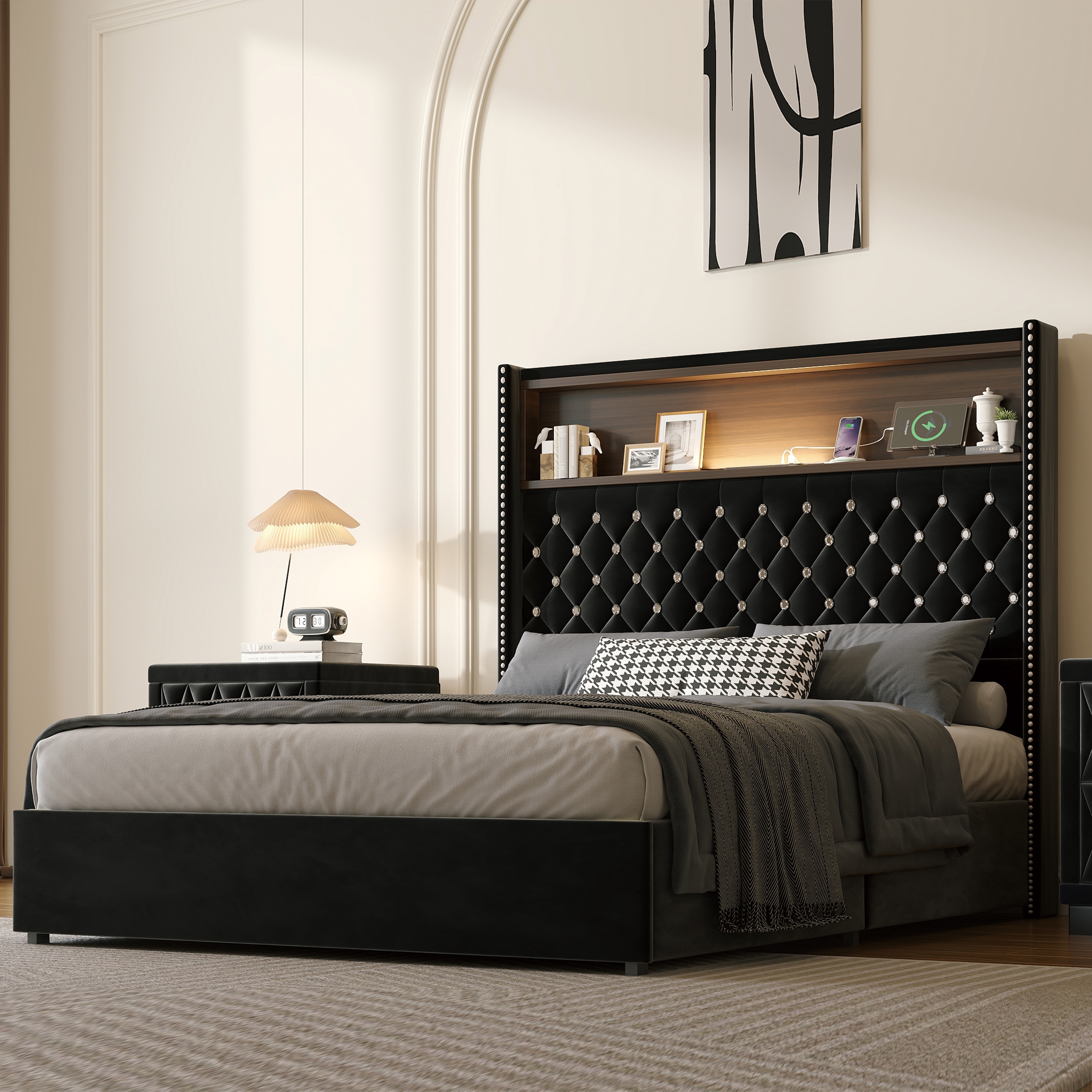 Xspracer Full Black Wood Tufted Bed Frame Storage with Headboard in the ...