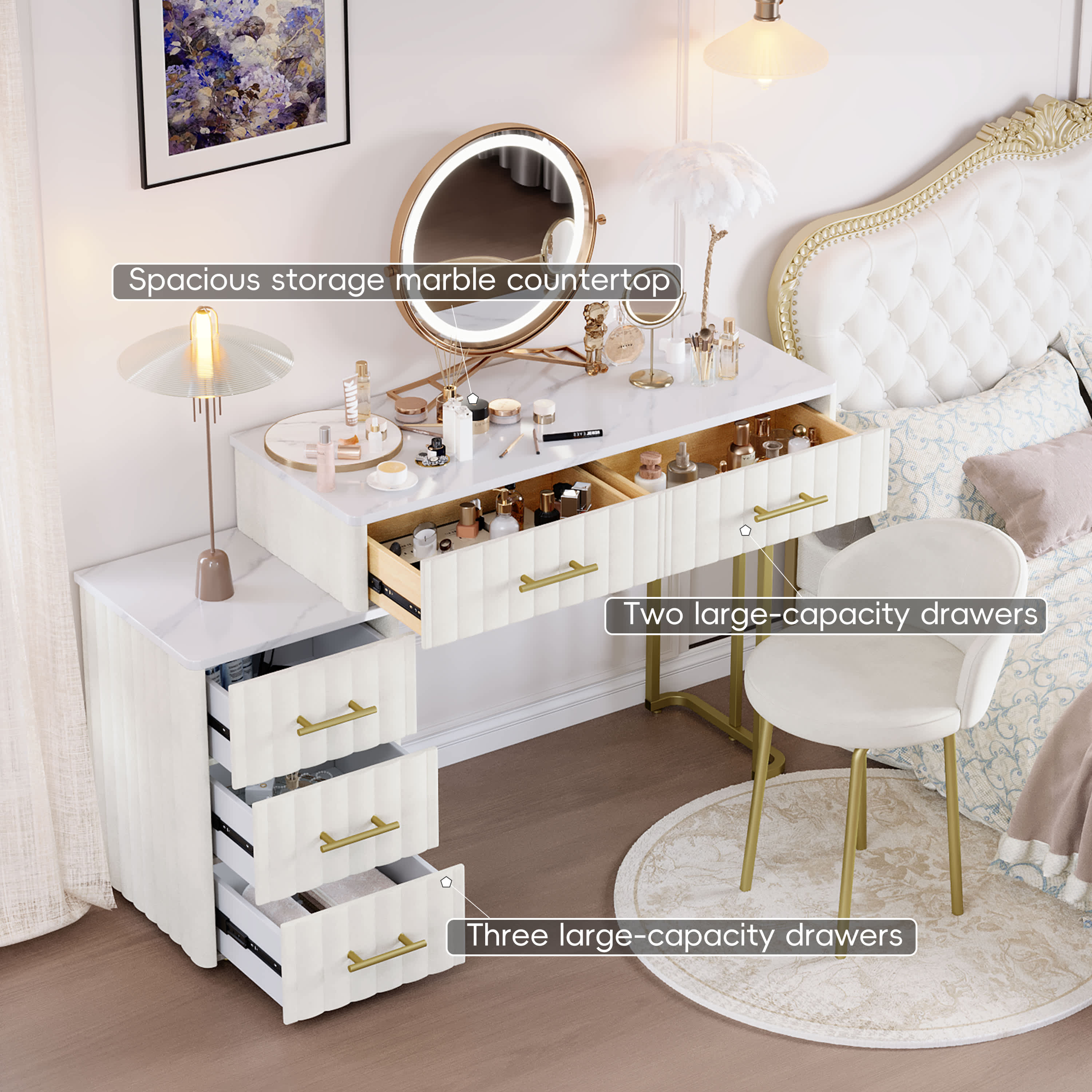 Vynxaria Beige Velvet Upholstered Vanity Desk Set with Chair 5 Big ...