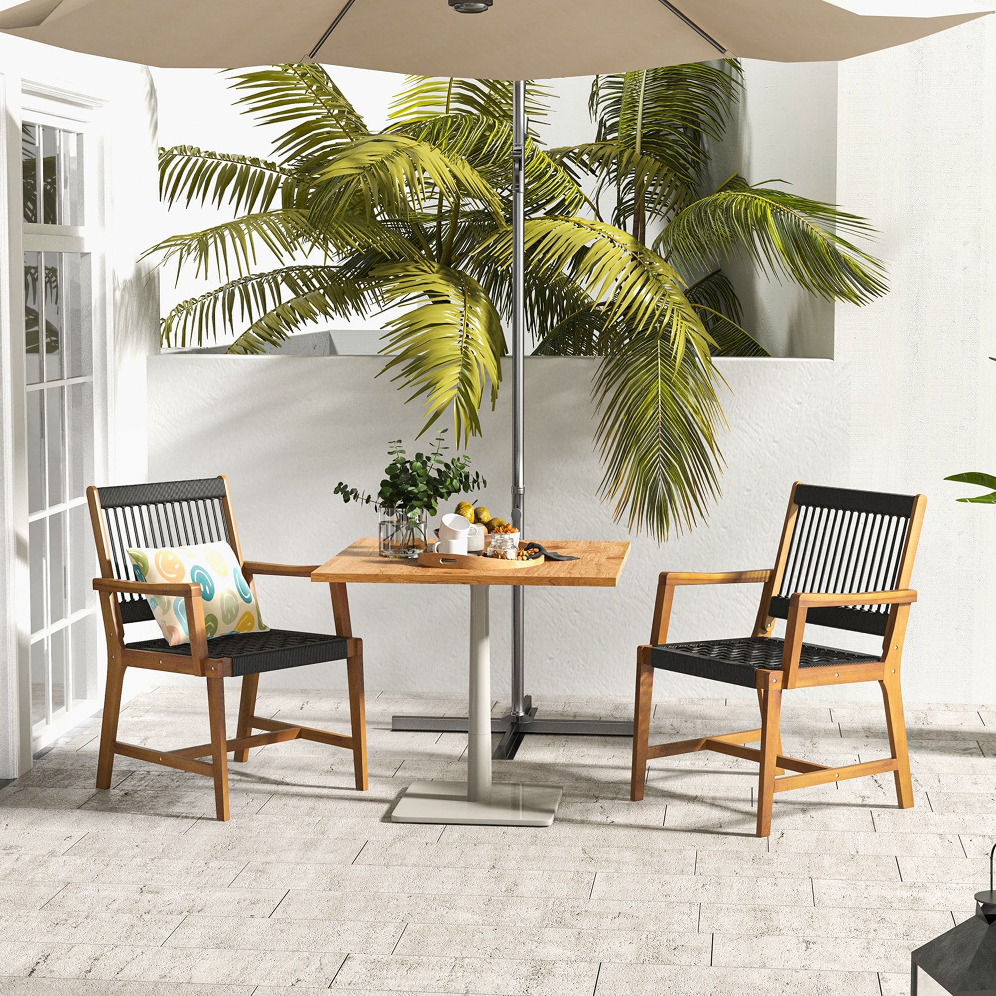 Costway Patio 2pcs Acacia Wood Dining Chairs All-Weather Rope Woven ...