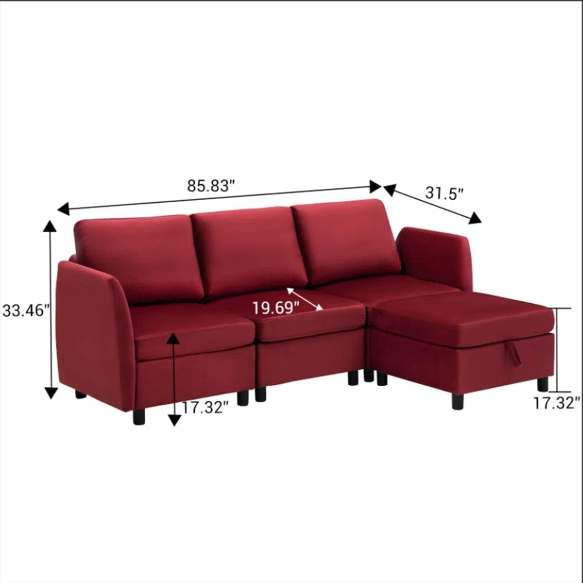 Qeetex 86 Inch Sofa 9 Seater Petal Cushion Chenille Wine Red in the ...