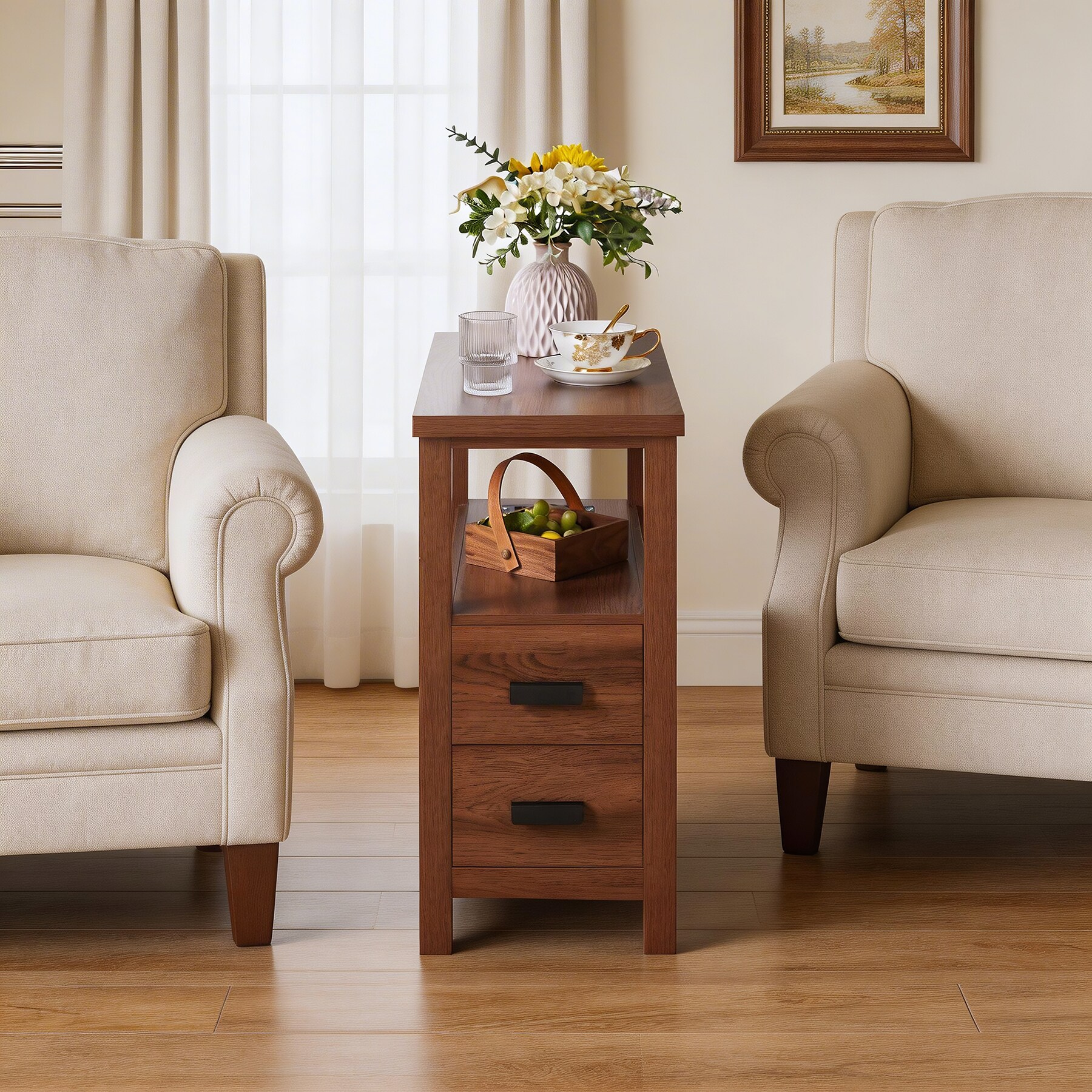 SINOFURN 11.8-in W x 24.4-in H Walnut MDF Rectangular Rustic End Table ...