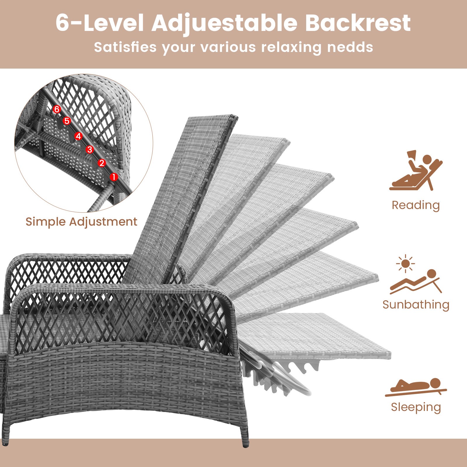 Slickblue 1 PC Outdoor Reclining Chaise Lounge Chair Wicker PE Rattan ...