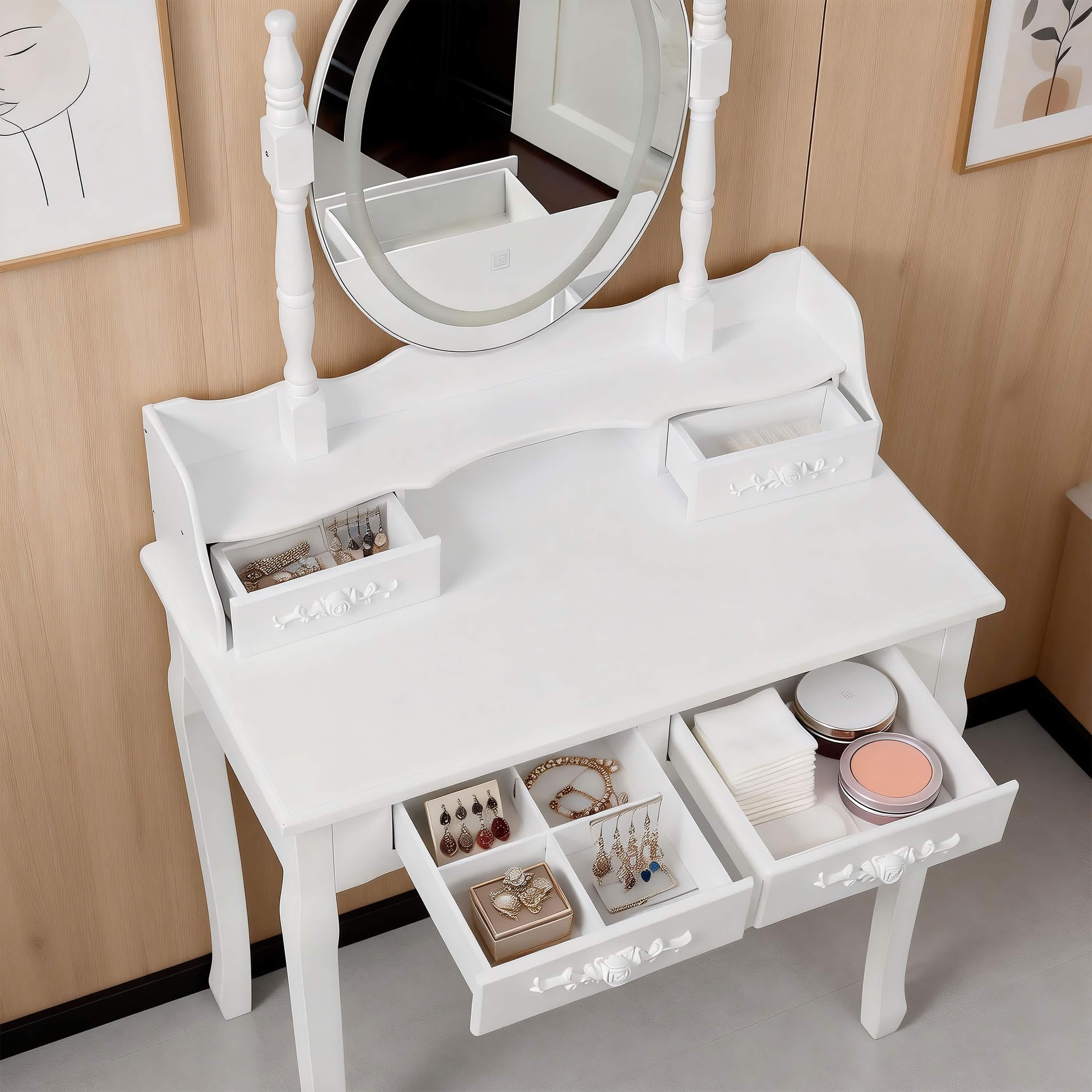 Vynxaria 2-Piece White Princess Makeup Vanity Set with Mirror 4 Drawers ...