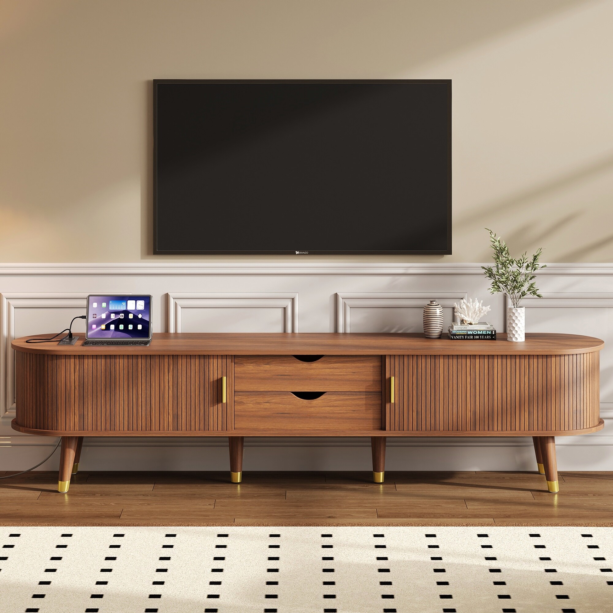 Huluwat Wooden Oval Fluted TV Stand with Charging Station for TV up to ...