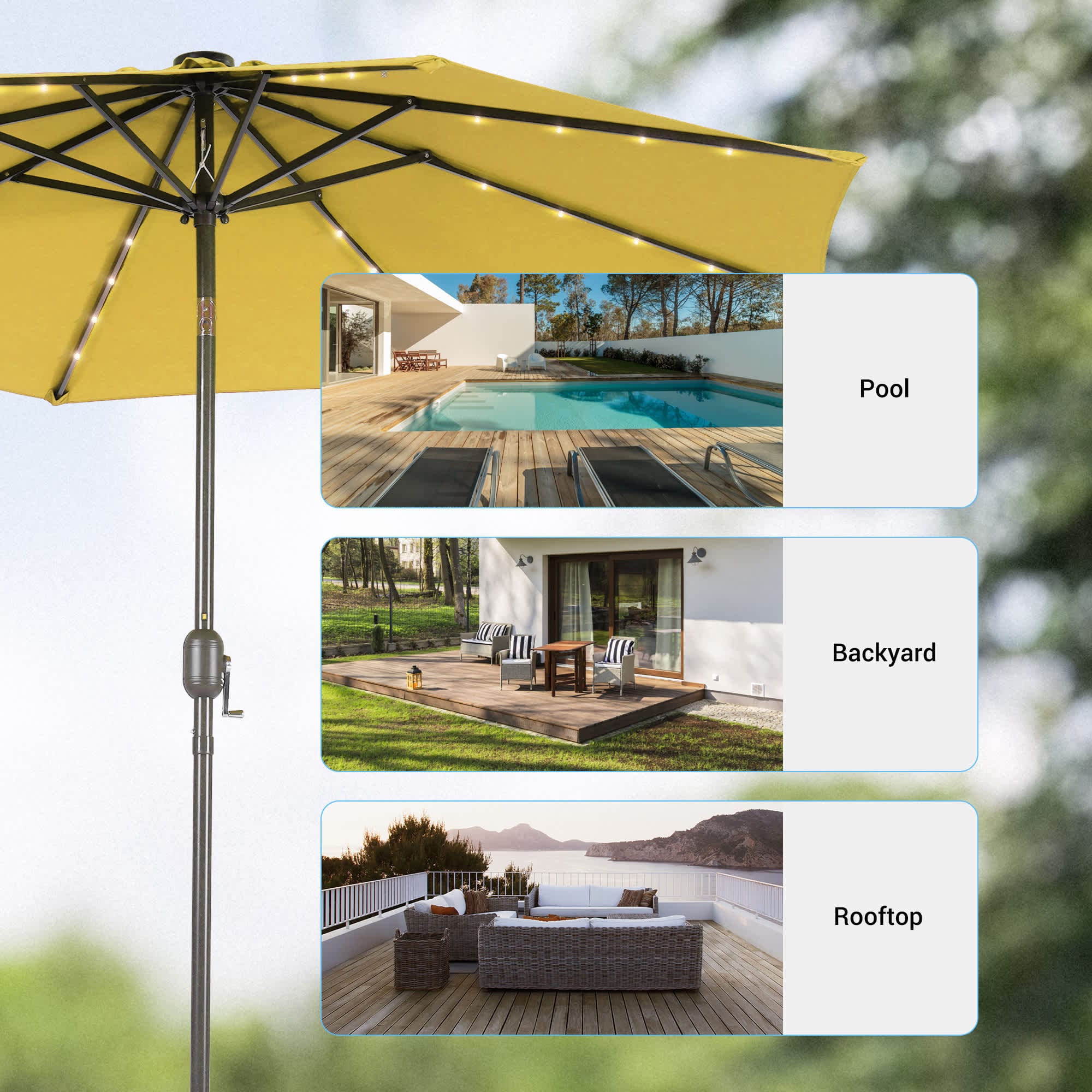 Aok Garden 9ft Solar LED Outdoor Market Patio Umbrella with Yellow ...