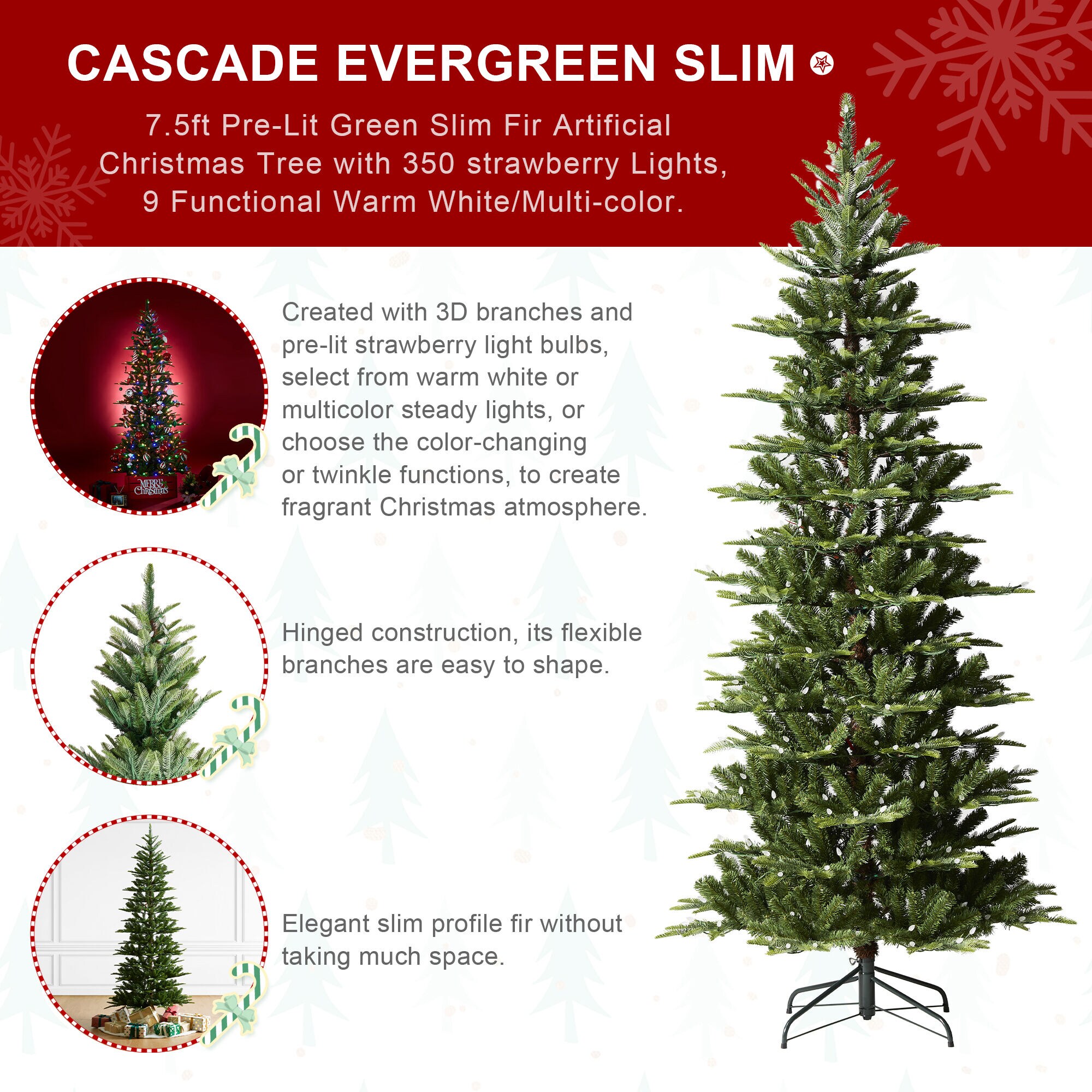 Glitzhome 7.5-ft Pre-lit Slim Artificial Christmas Tree with White LED ...