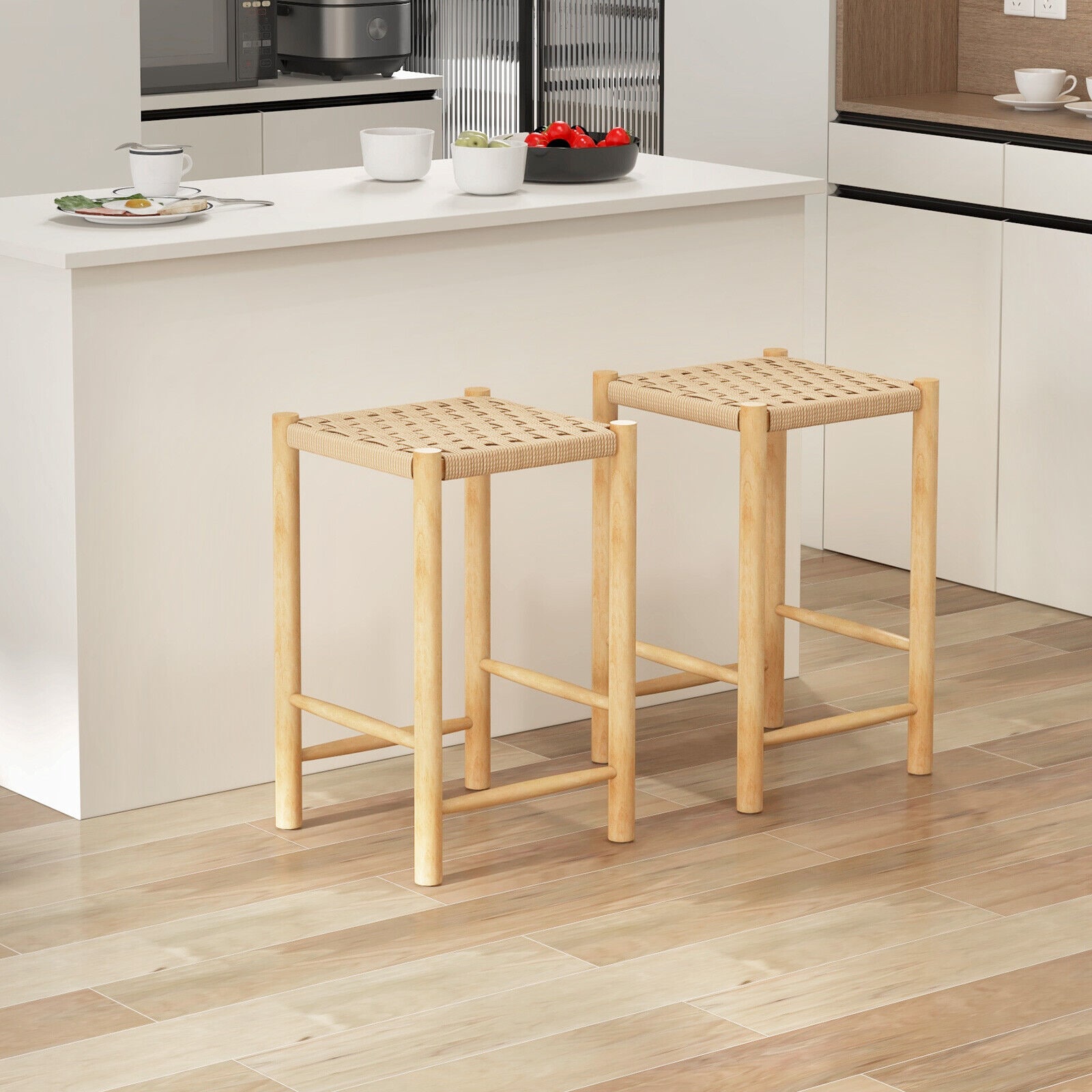 Volenca 26-in Counter Stool Set of 2 Natural Rubber Wood Frame Woven ...