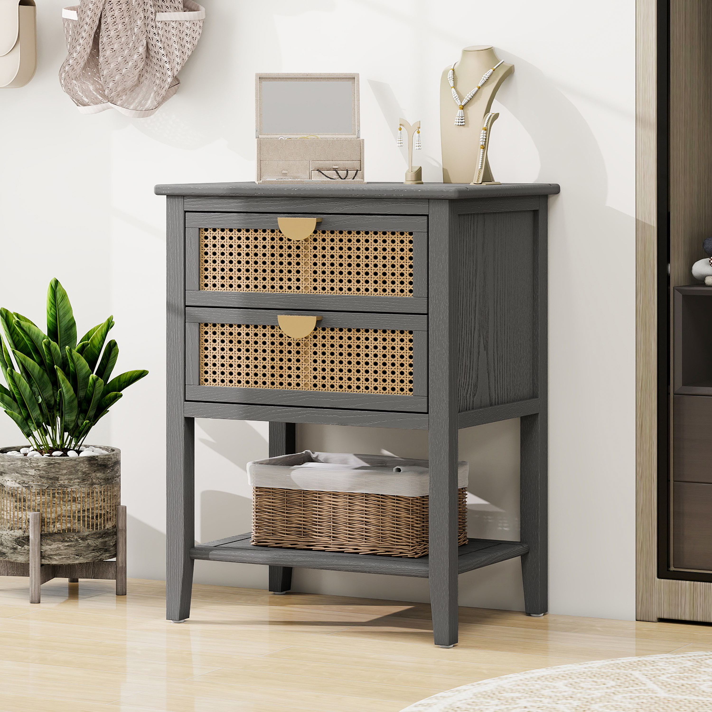 GDFStudio Gray 2 Drawer Side Table with Natural Rattan Design for ...
