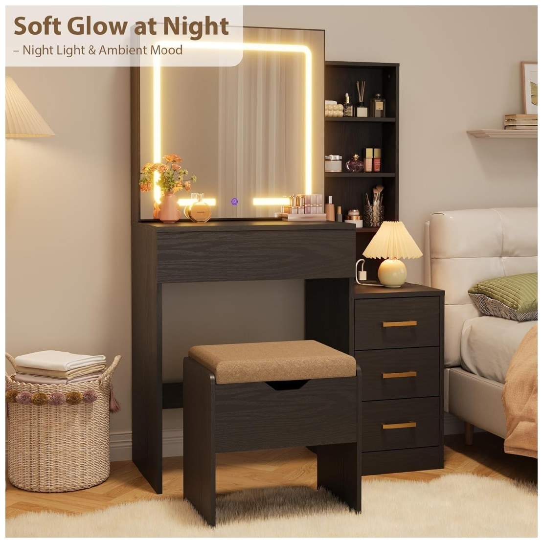 Garvee Vanity Desk with Mirror and Lights Makeup Vanity with Drawer and ...