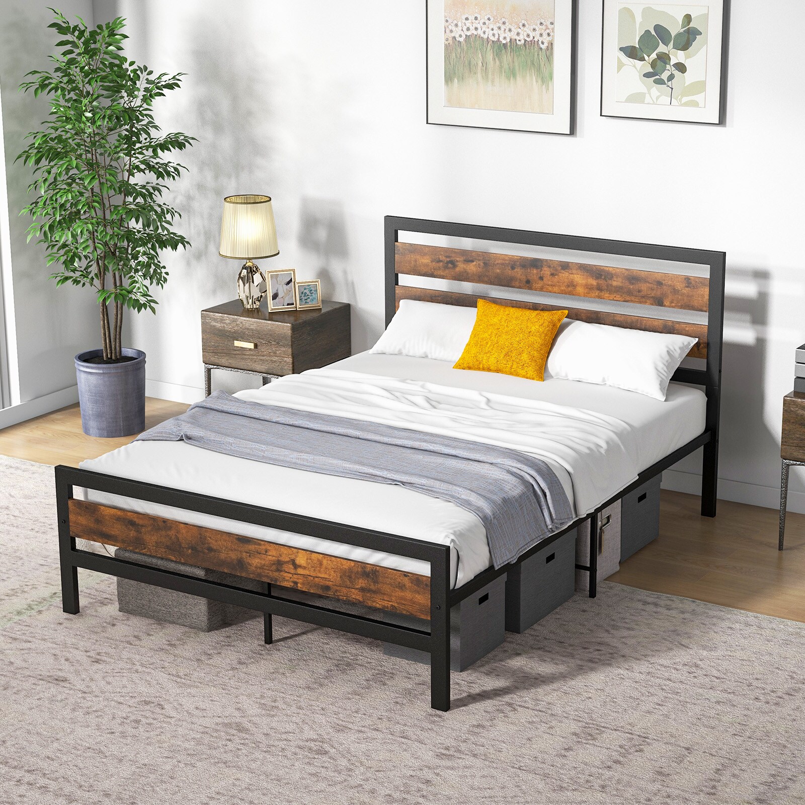 Slickblue Rustic Full/Queen Sized Platform Bed with Wood Headboard and ...
