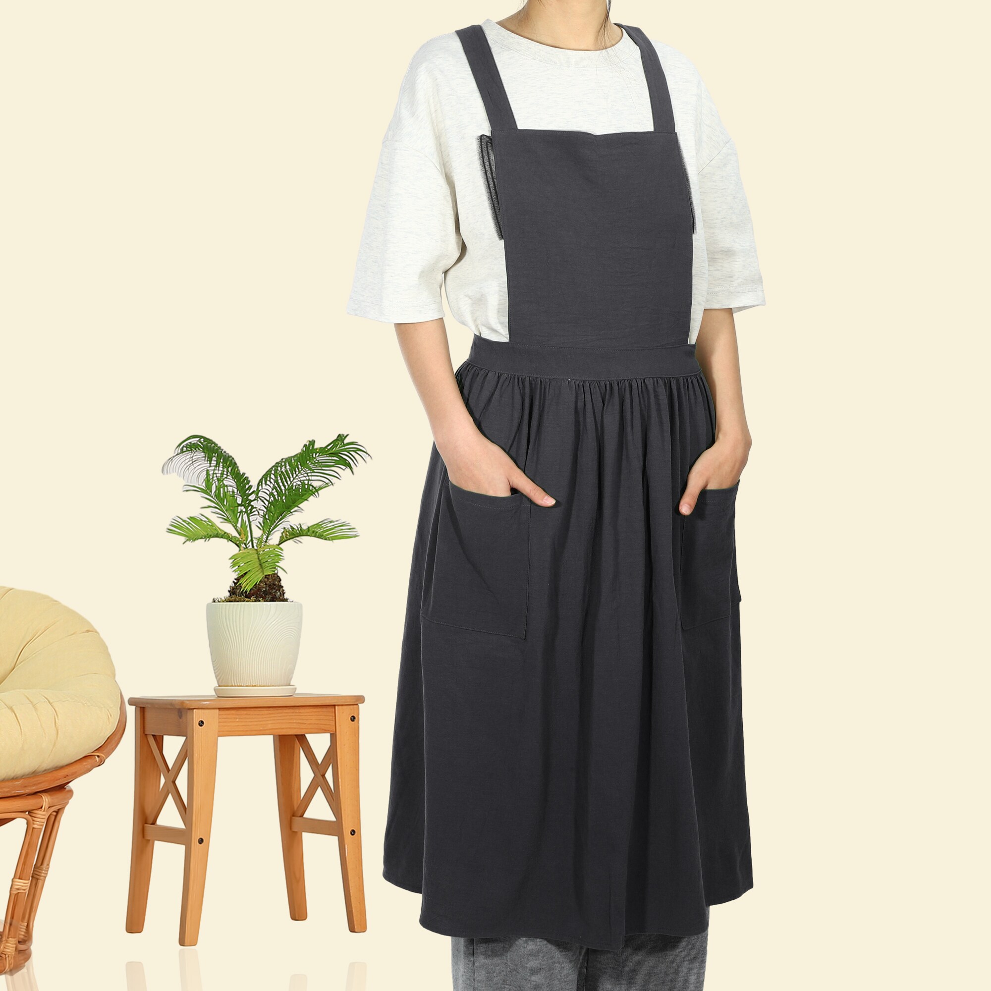 Unique Bargains Cotton Linen Apron Cross Back Apron with Pockets ...