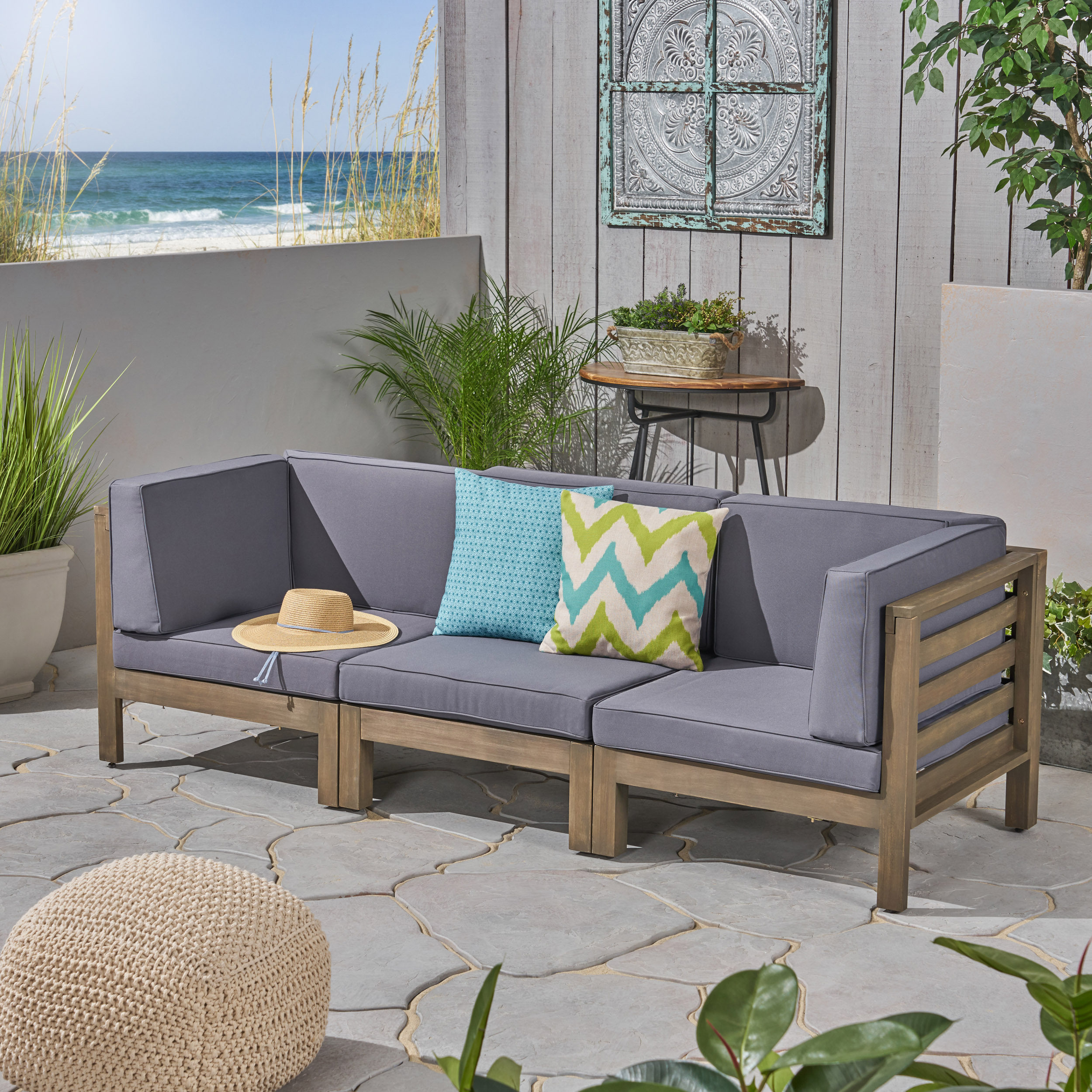 Christopher Knight Home Oana Acacia Wood 3 Seat Sectional Sofa with ...