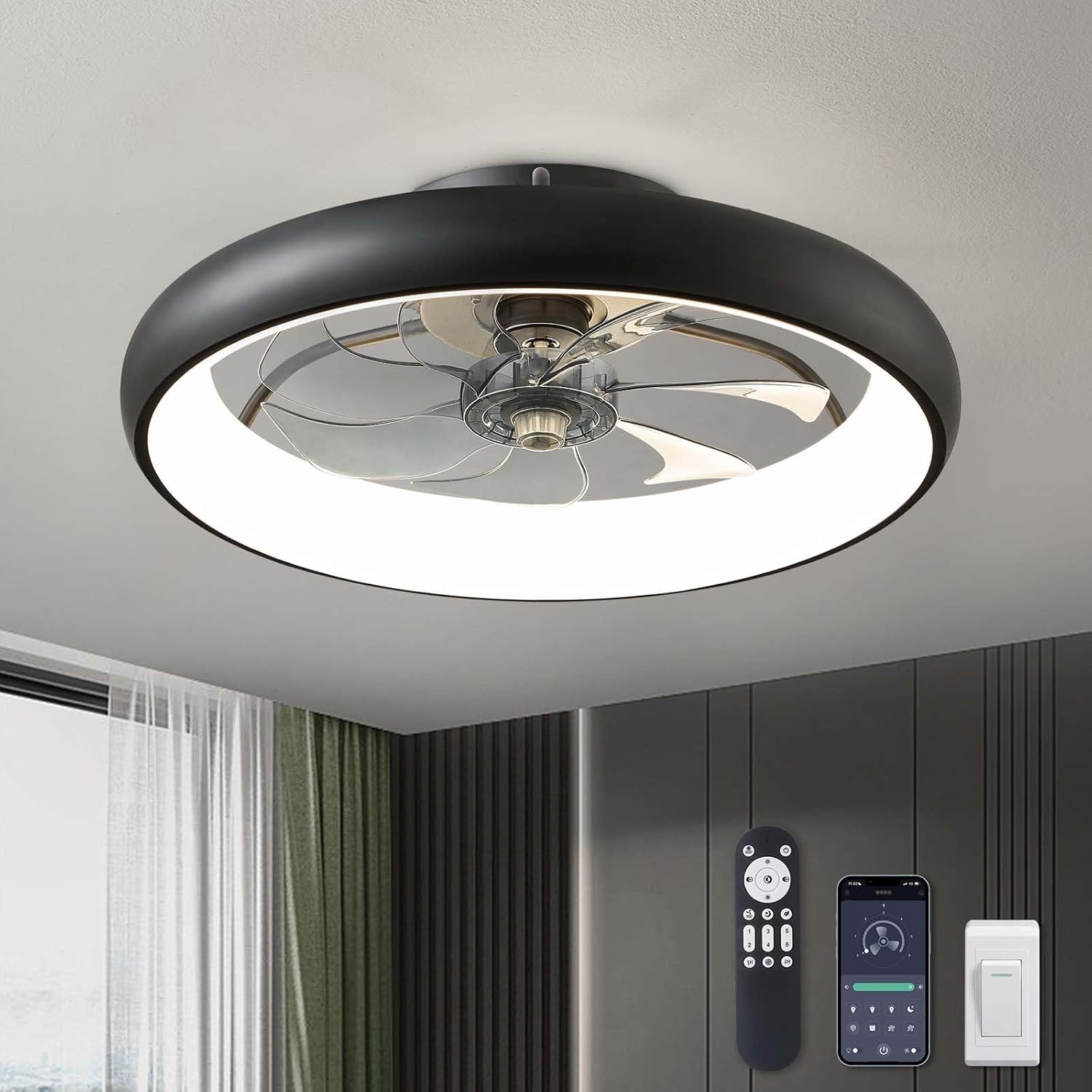 SILJOY 20-In Black Flush Mount Modern Ceiling Fan with LED Lights for ...
