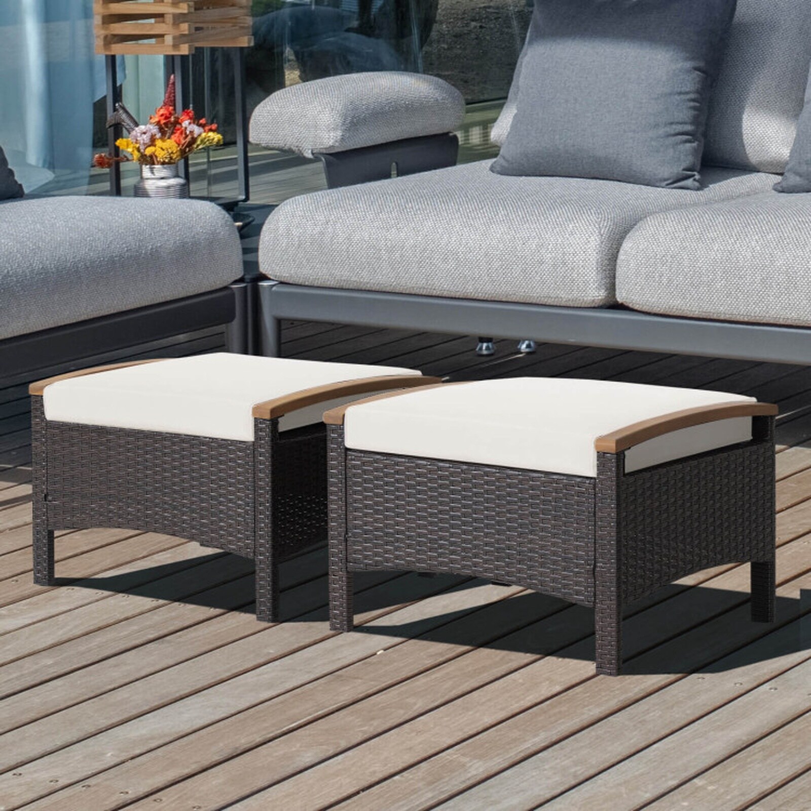 SUGIFT Set of 2 Fade-Resistant Wicker Patio Ottoman for Indoor Outdoor ...
